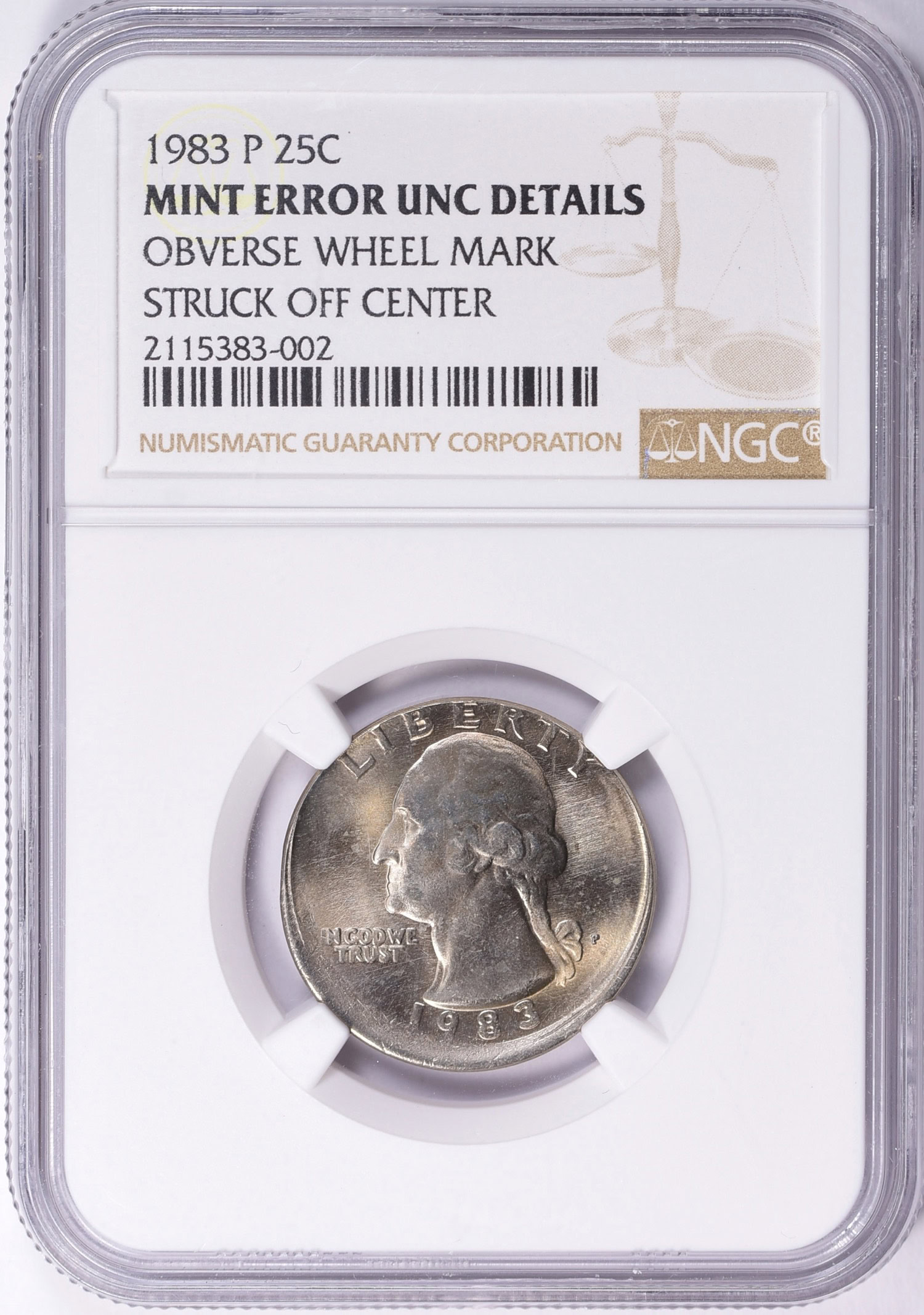 Mint Error 1983-P Washington Quarter Obverse Wheel Mark Struck Off ...