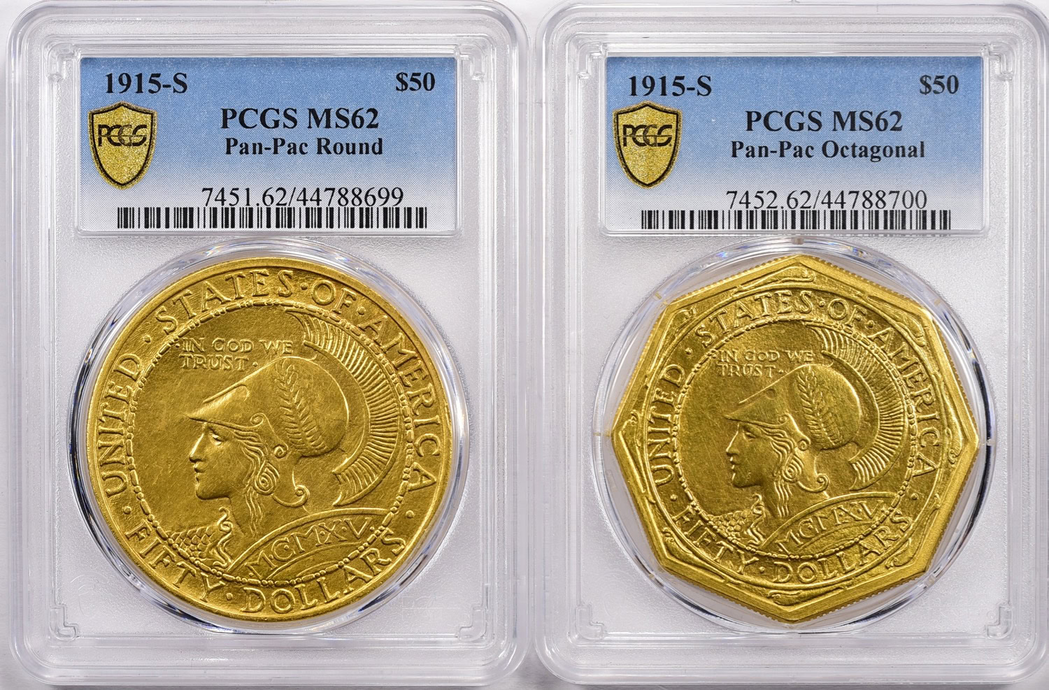 1915-S Panama-Pacific Exposition Complete Set incl Both $50 Gold Round & Octagonal PCGS MS-62 ...