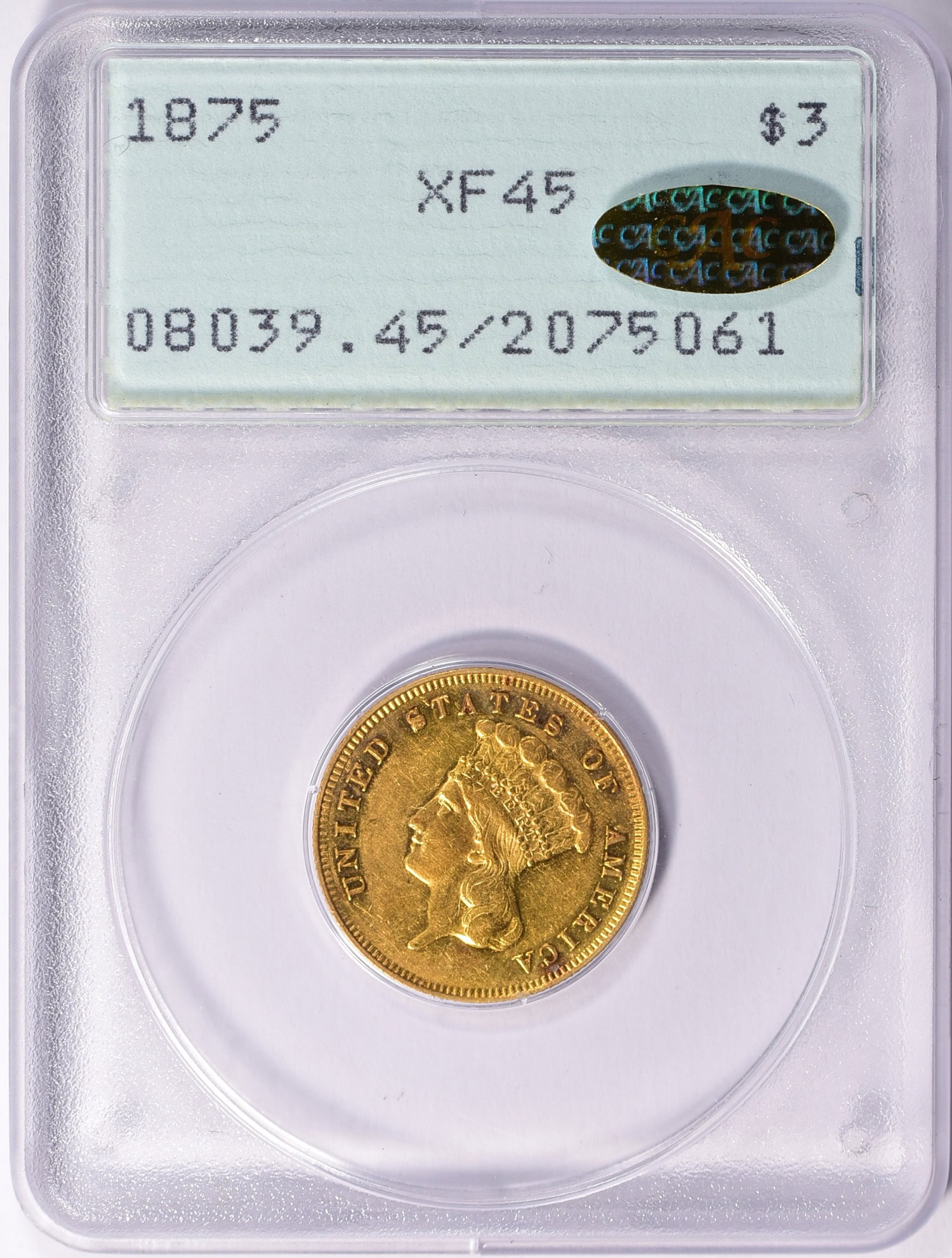 1875 Three-Dollar Gold Piece PCGS Proof-45 (CAC Gold) Gold Sticker (OGH ...