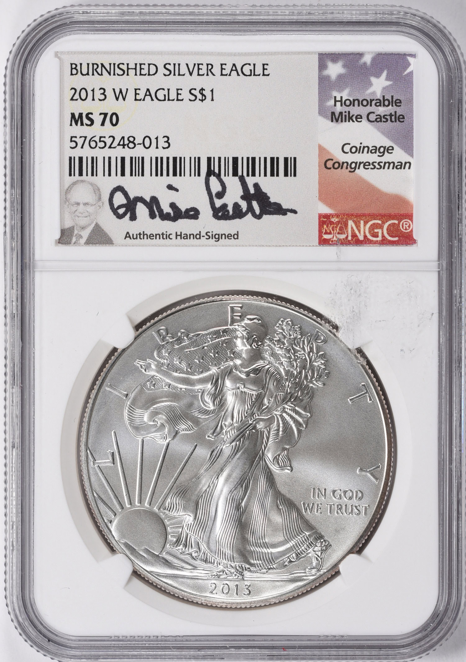 2013-W $1 Silver Eagle Burnished NGC MS-70 (Mike Castle Signed Label) (Item 1256497 ...