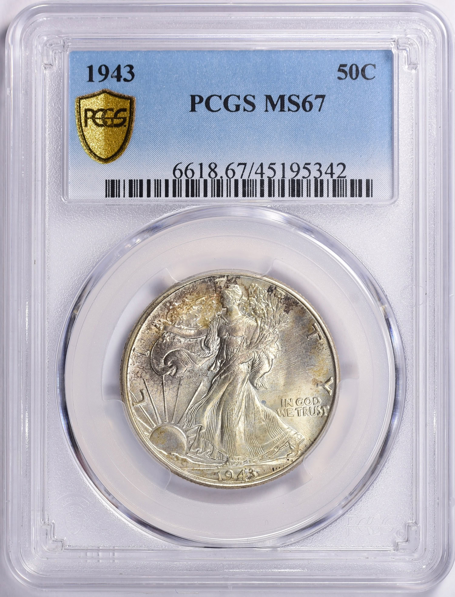 1943 Walking Liberty Half Dollar PCGS MS-67 (Toned) (Item 1257398) | GreatCollections Coin Auctions