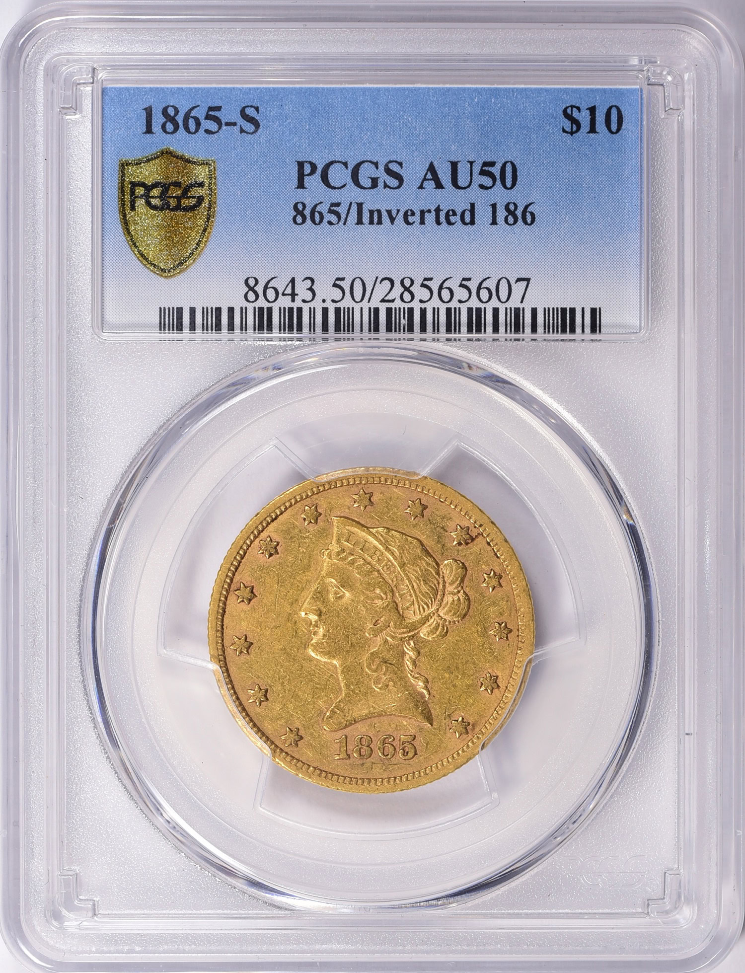 1865-S Liberty Gold Eagle 865/Inverted 186 PCGS AU-50 (Item 1257458 ...