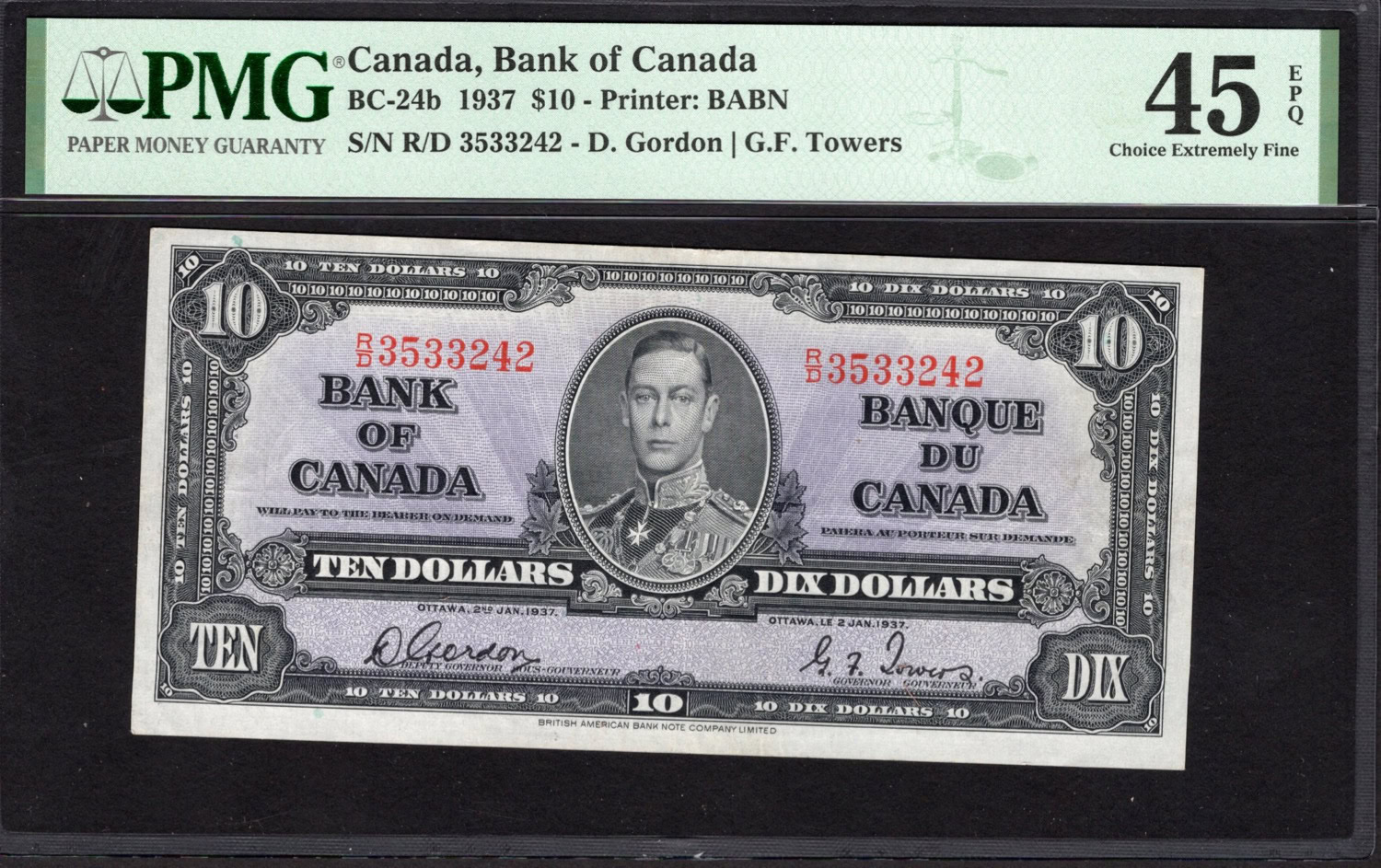 Canada 1937 $10 Bank of Canada Note BC-24b Gordon / Towers PMG Choice Extremely Fine 45 EPQ ...