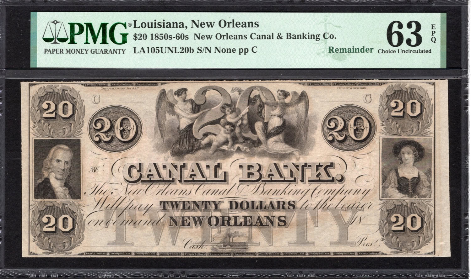 1840s New Orleans, Louisiana New Orleans Canal & Banking Co. $20 ...