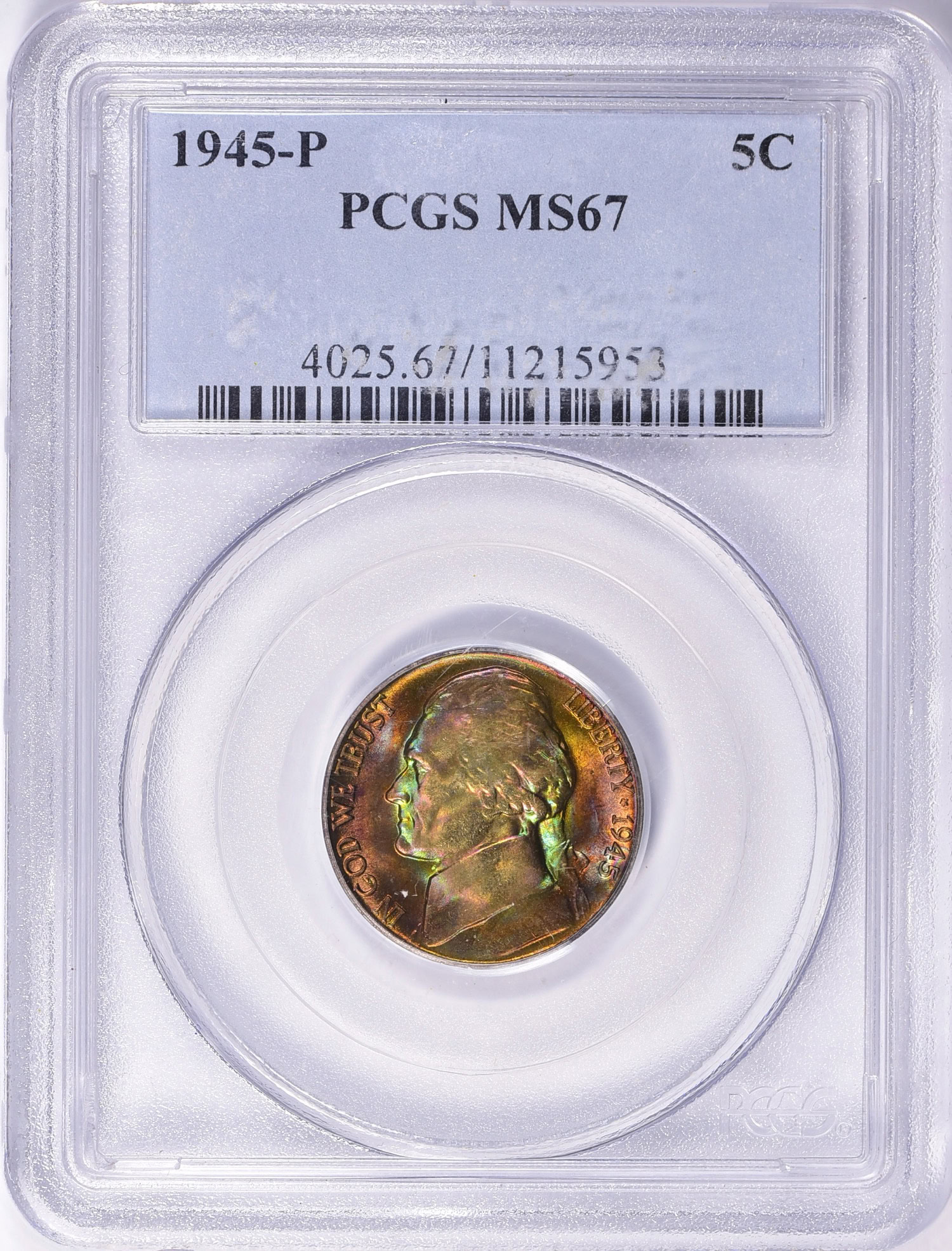 1945-P Jefferson Nickel PCGS MS-67 (Toned) (Item 1259102) | GreatCollections Coin Auctions