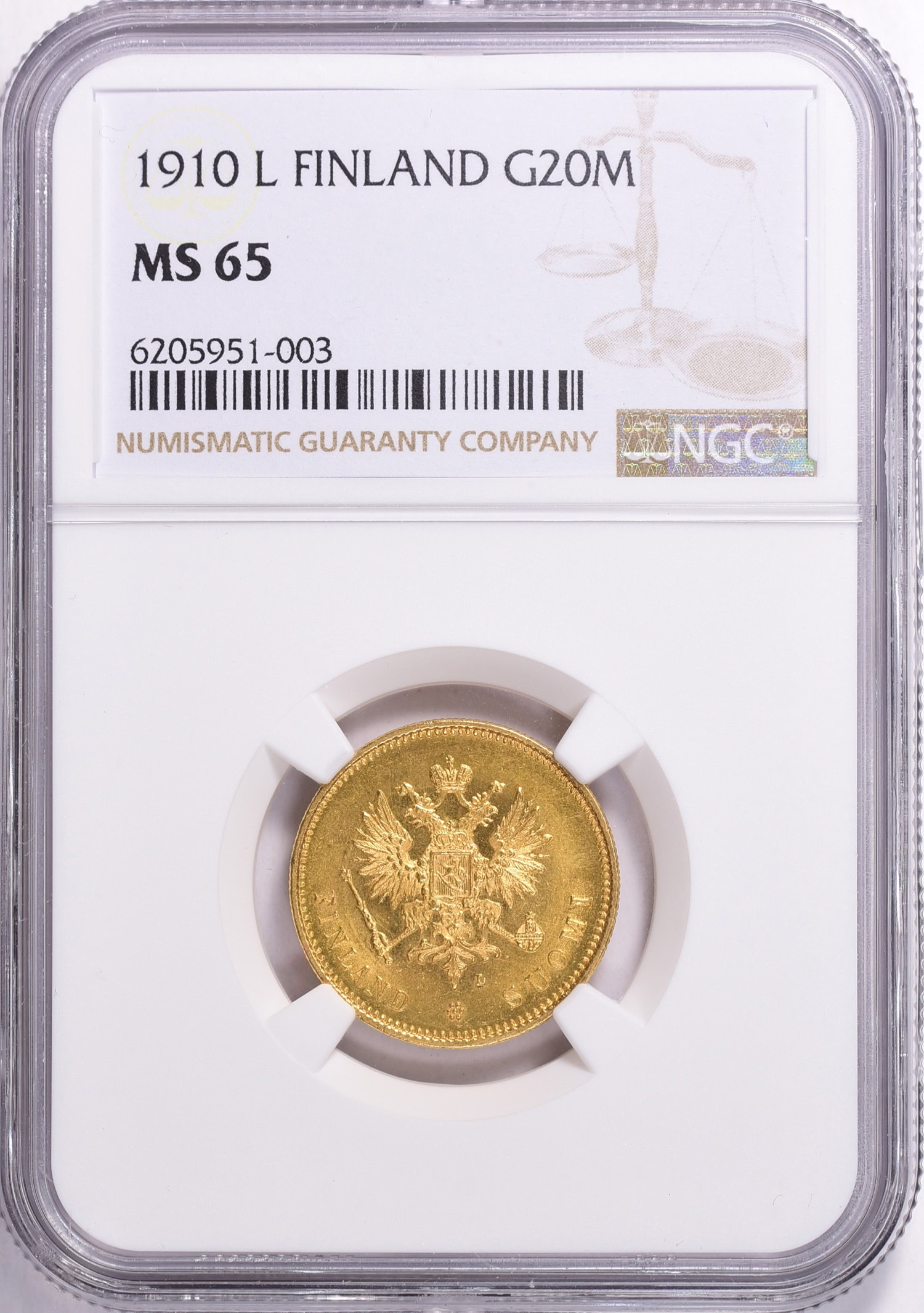 Finland 1910-L Gold 20 Markkaa KM-9.2 NGC MS-65 (AGW = 0.1867 oz.) | NGC Cert #6205951-003 ...