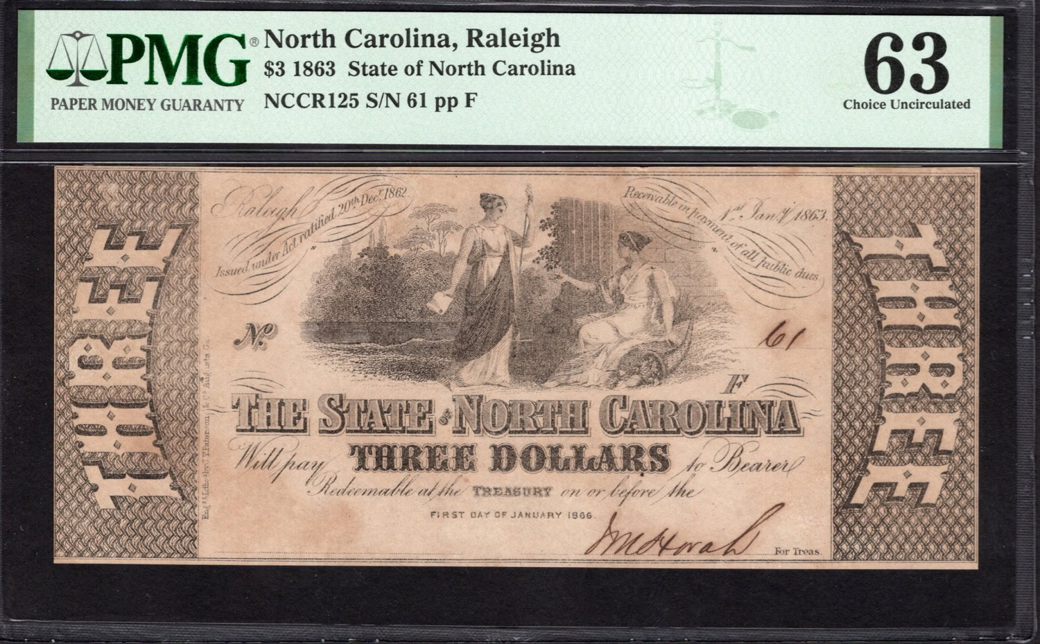 1863 Raleigh, North Carolina State of North Carolina $3 Note PMG Choice ...