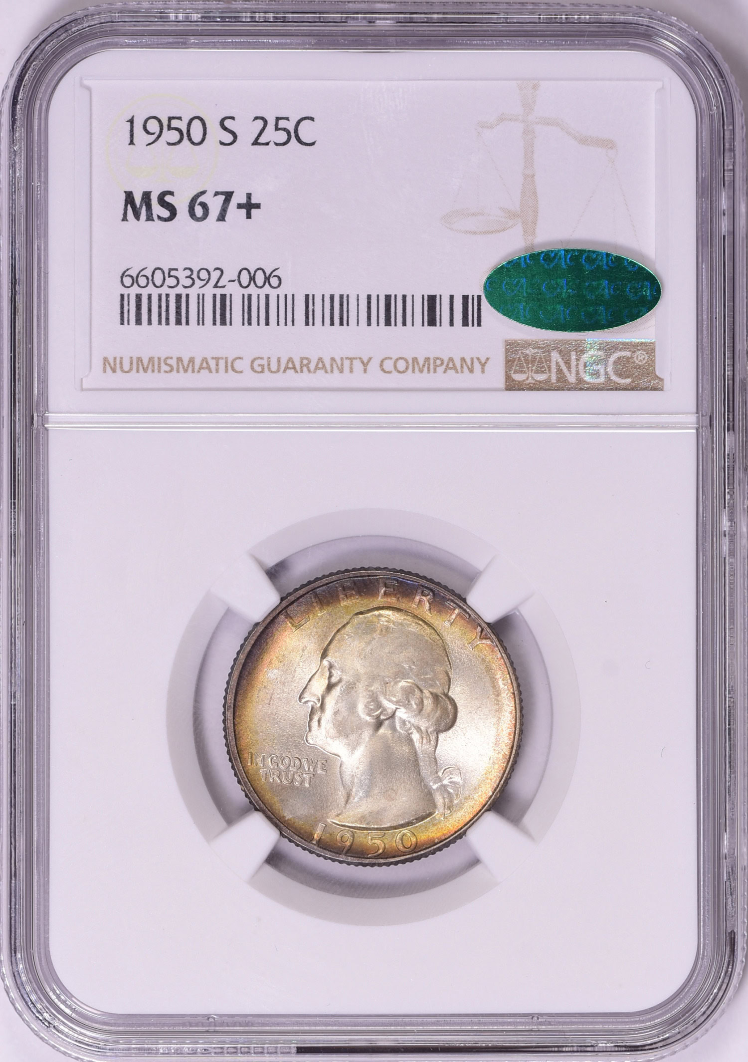 1950-S Washington Quarter NGC MS-67+ (CAC Green) (Toned) (Item 1260356) | GreatCollections Coin ...