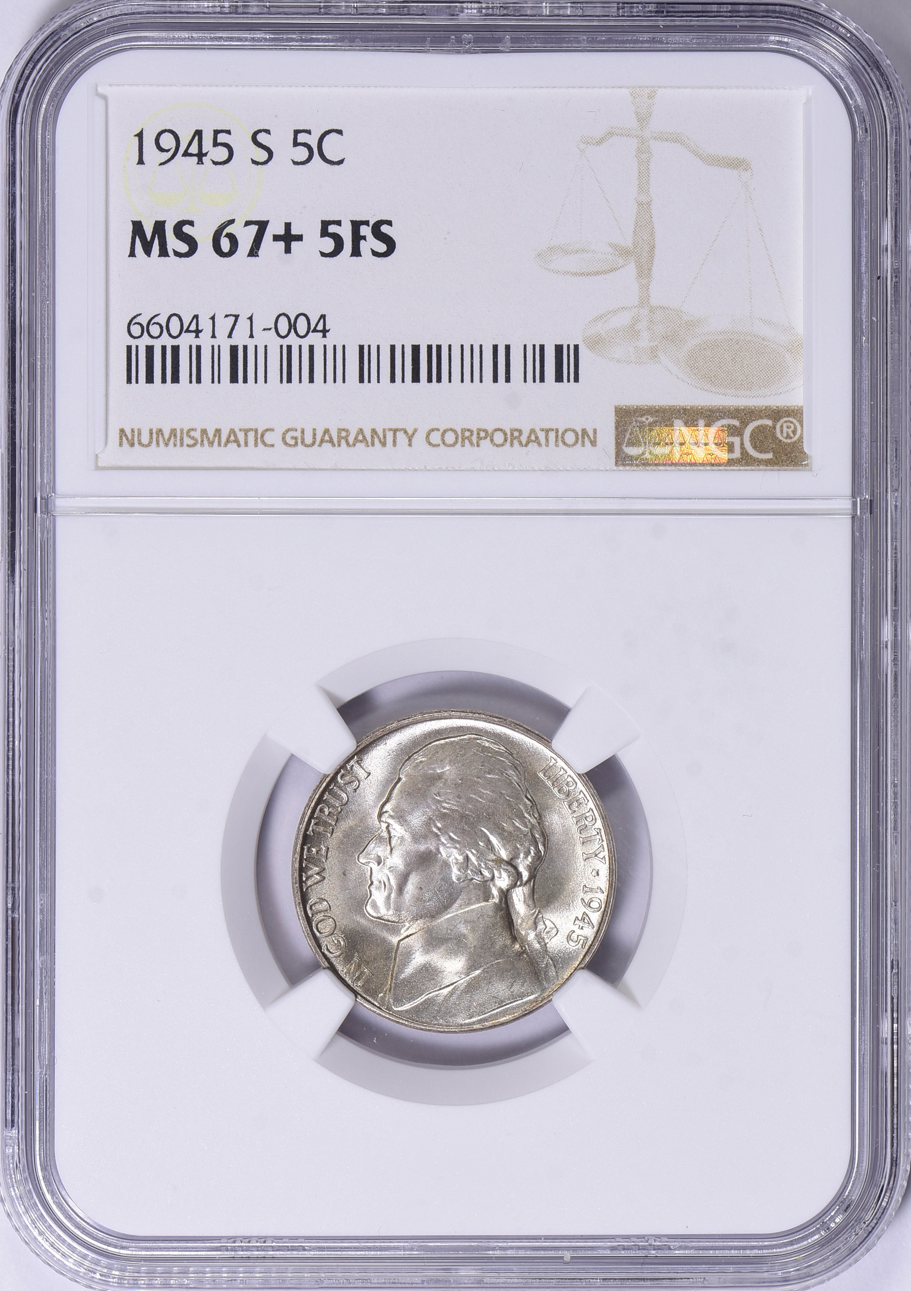 1945-S Jefferson Nickel NGC MS-67+ 5FS (Item 1265286) | GreatCollections Coin Auctions