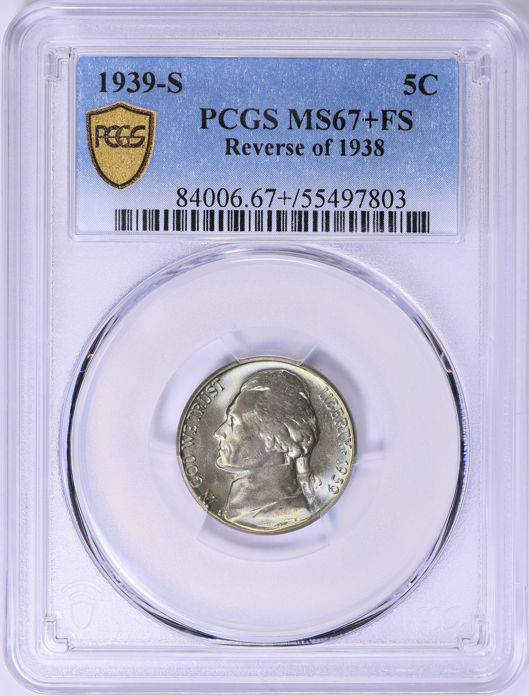 1939-S Jefferson Nickel Reverse of 1938 PCGS MS-67+ FS (Toned) (Item 1268976) | GreatCollections ...