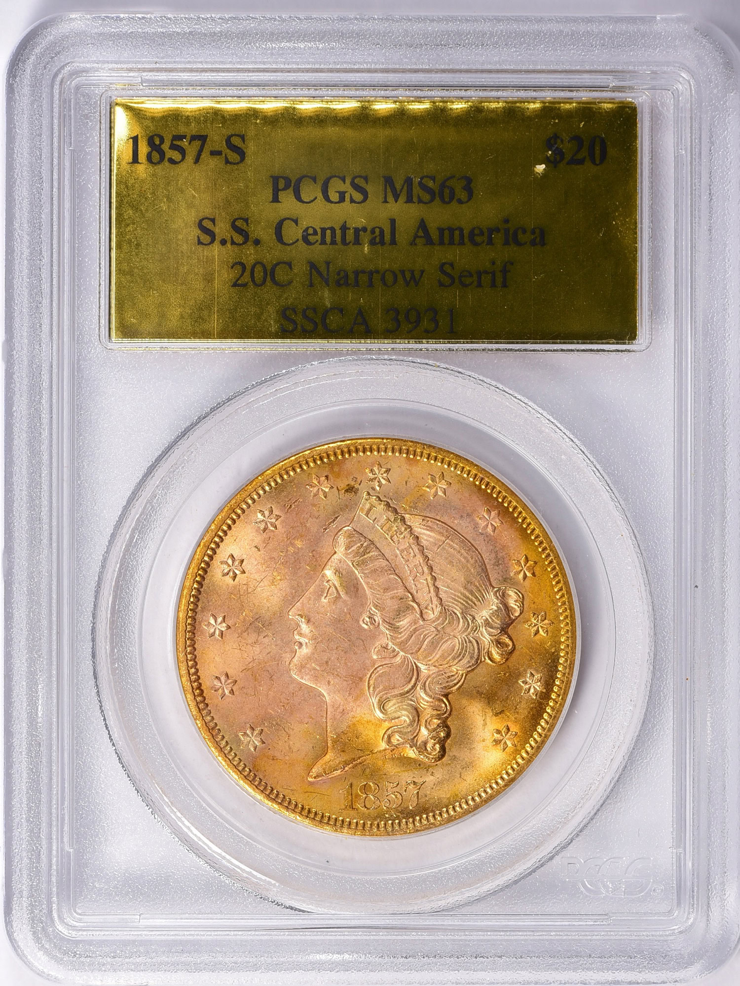 1857-S Liberty Gold Double Eagle 20C Narrow Serif Shipwreck S.S ...