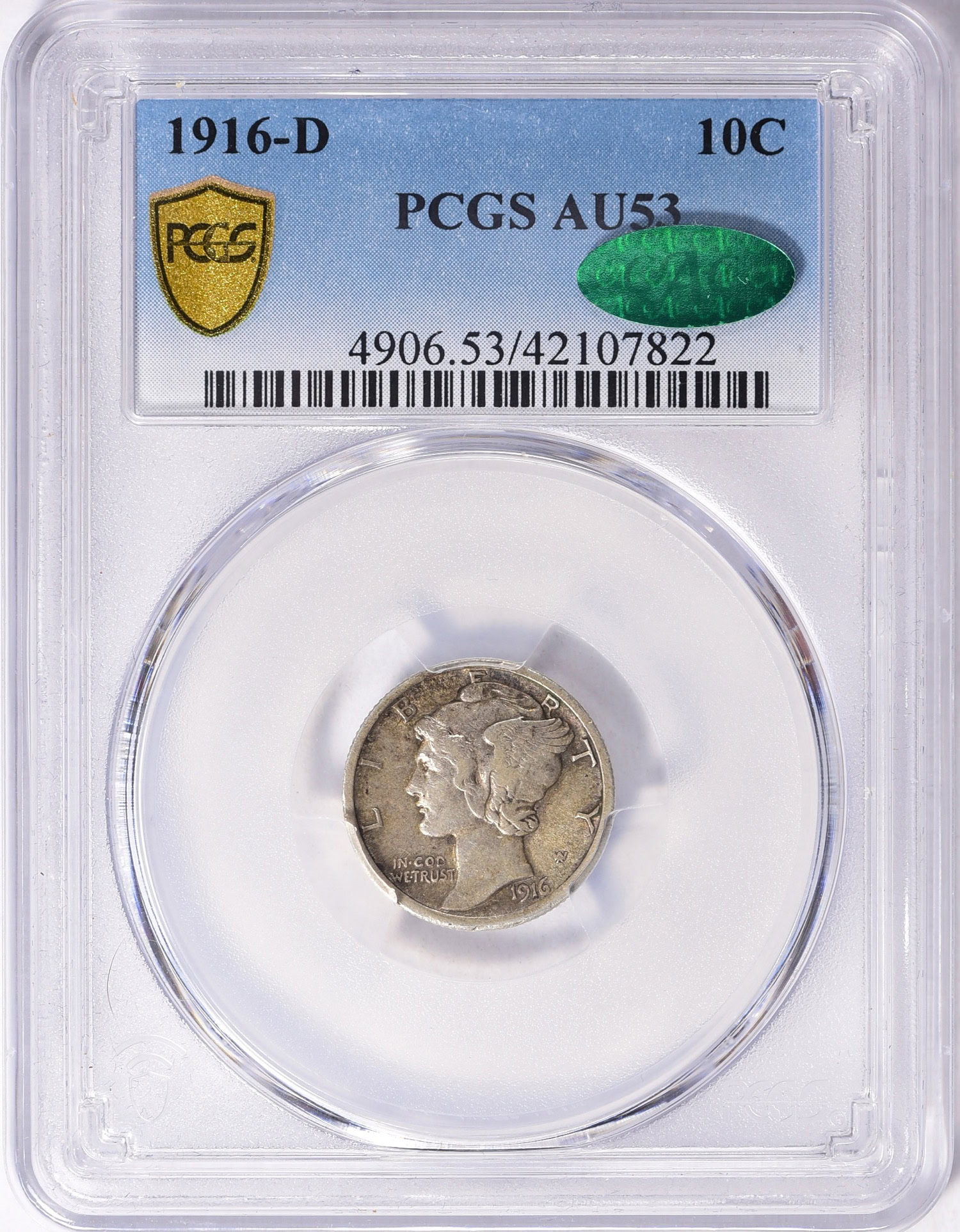 1916-D Mercury Dime PCGS AU-53 (CAC Green) (Item 1269944) | GreatCollections Coin Auctions