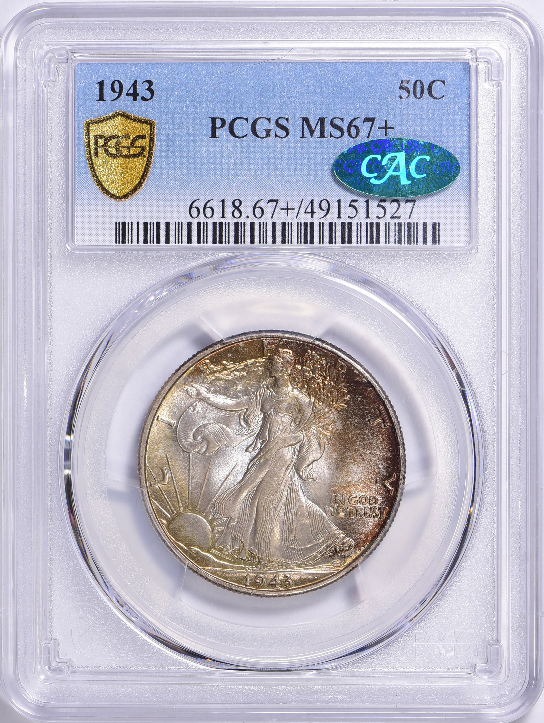 1943 Walking Liberty Half Dollar PCGS MS-67+ (CAC Green) (Toned) (Item 1272394 ...