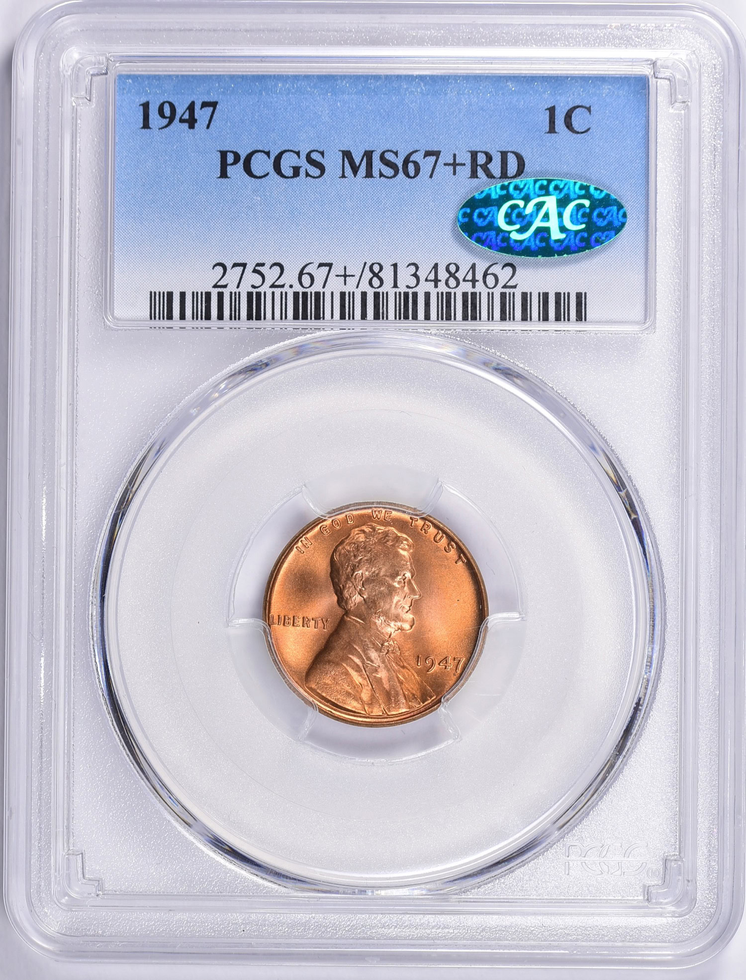 1947 Lincoln Cent PCGS MS-67+ RD (CAC Green) (Red Copper Collection) (Item 1272921 ...