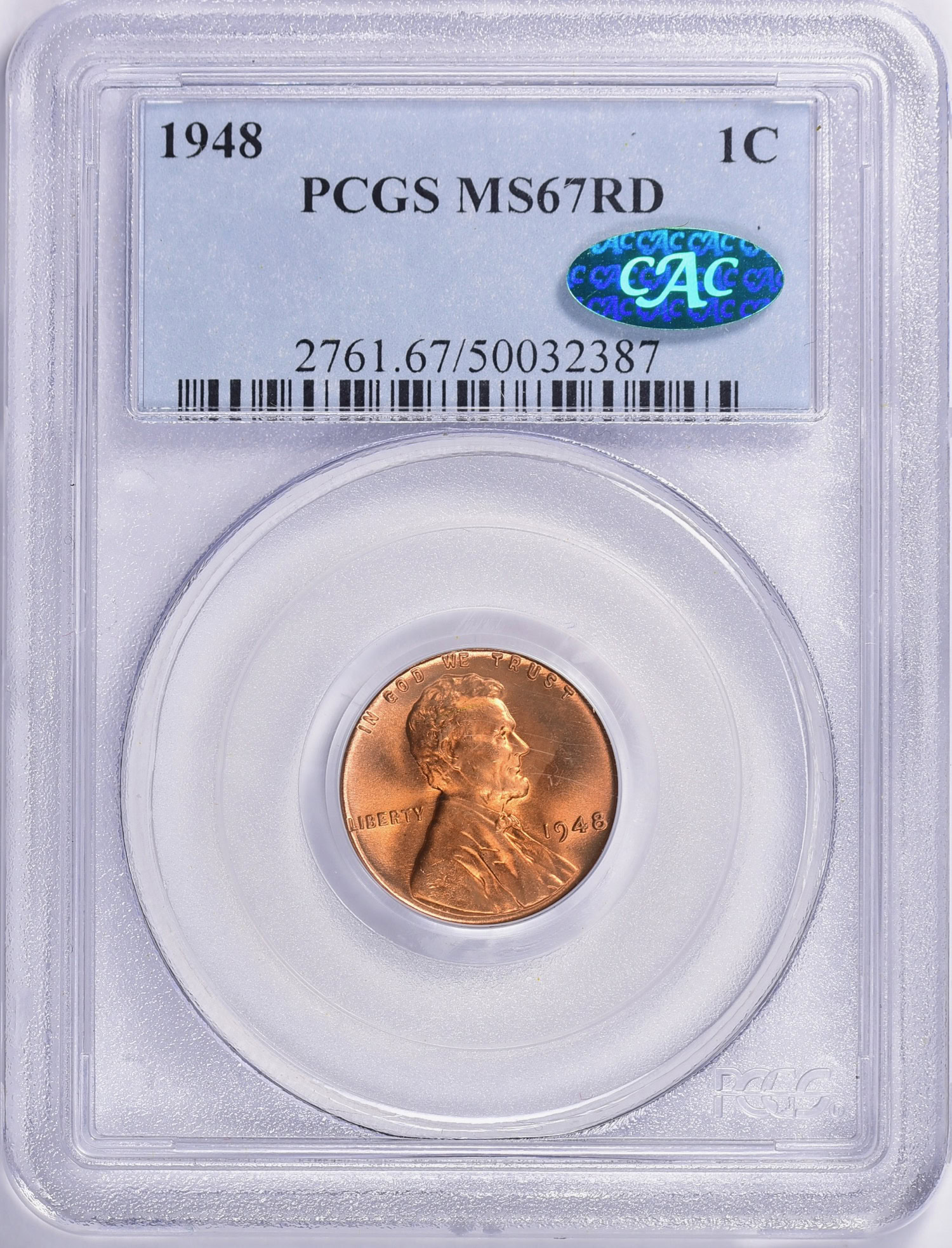 1948 Lincoln Cent PCGS MS-67 RD (CAC Green) (Red Copper Collection) (Item 1272924 ...