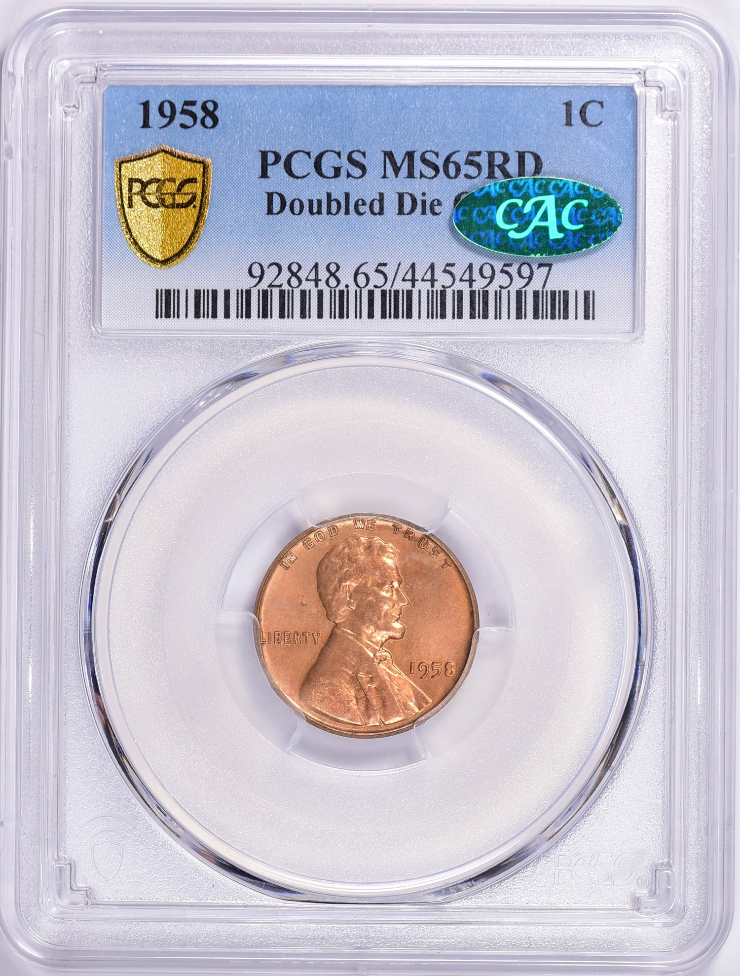1958 Lincoln Cent Doubled Die Obverse PCGS MS-65 RD (CAC Green) (Red Copper Collection) (Item ...