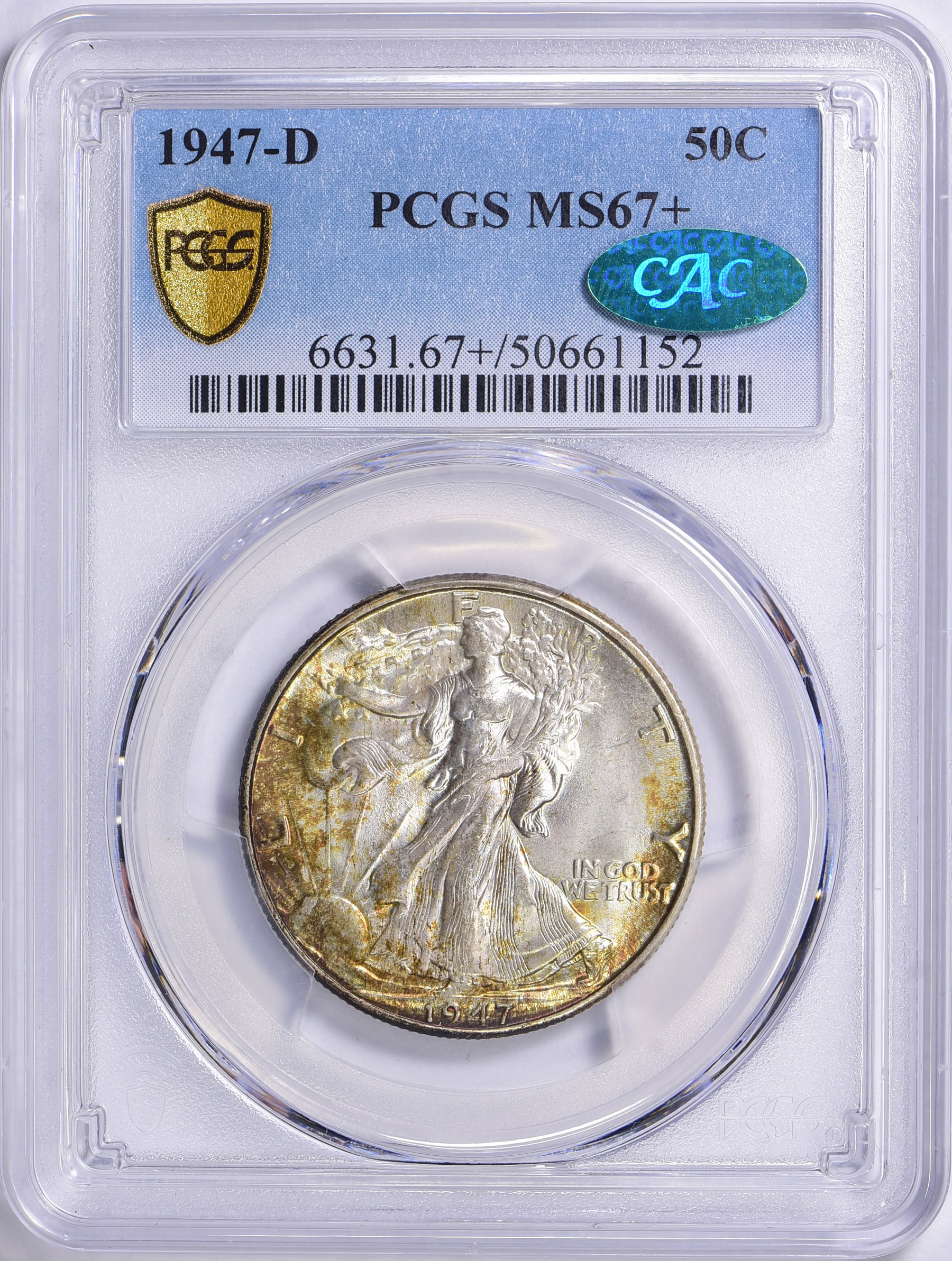1947-D Walking Liberty Half Dollar PCGS MS-67+ (CAC Green) (Toned) (Item 1275228 ...