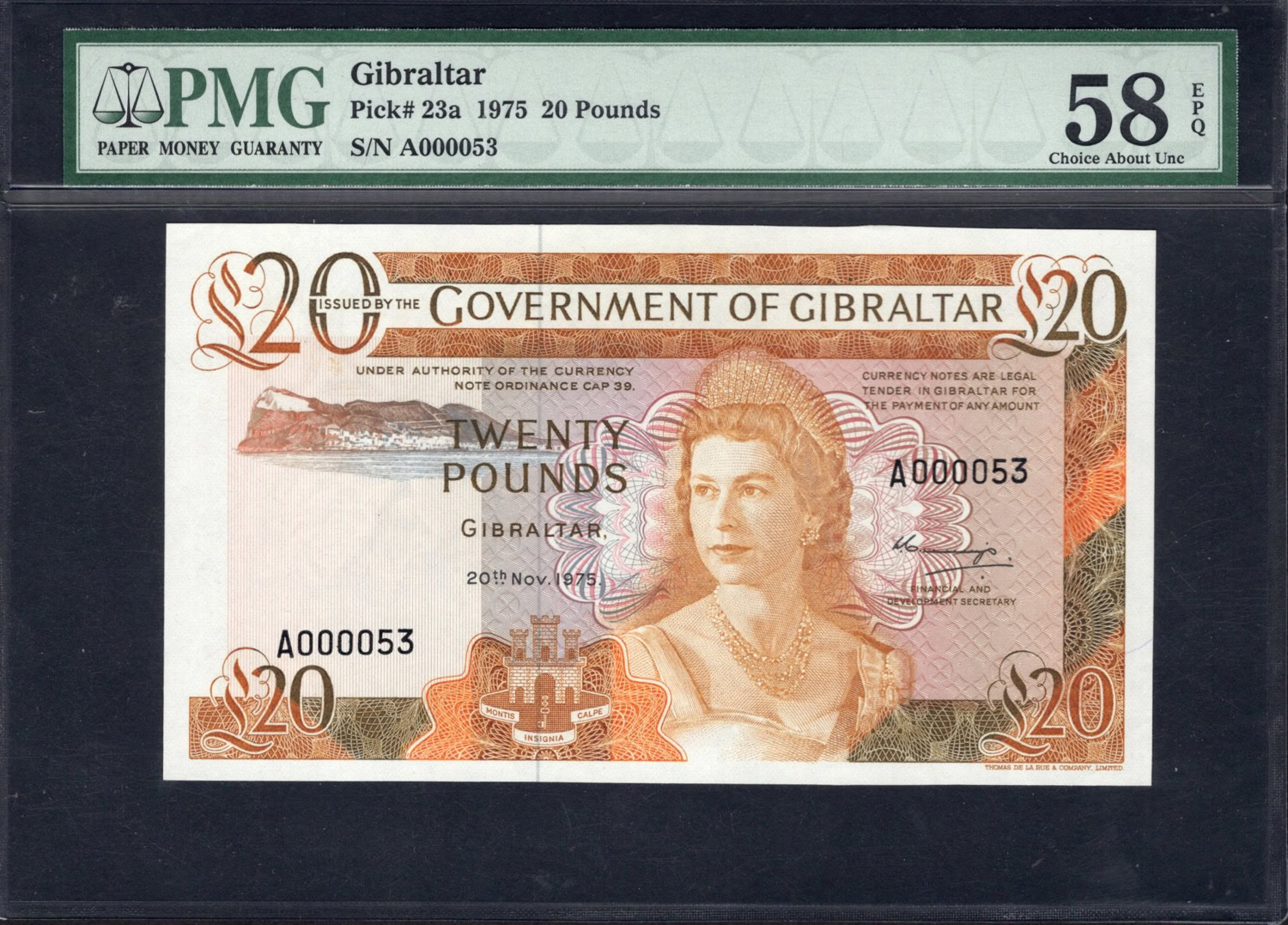 Gibraltar 1975 20 Pounds Government of Gibraltar Note Low Serial Number ...