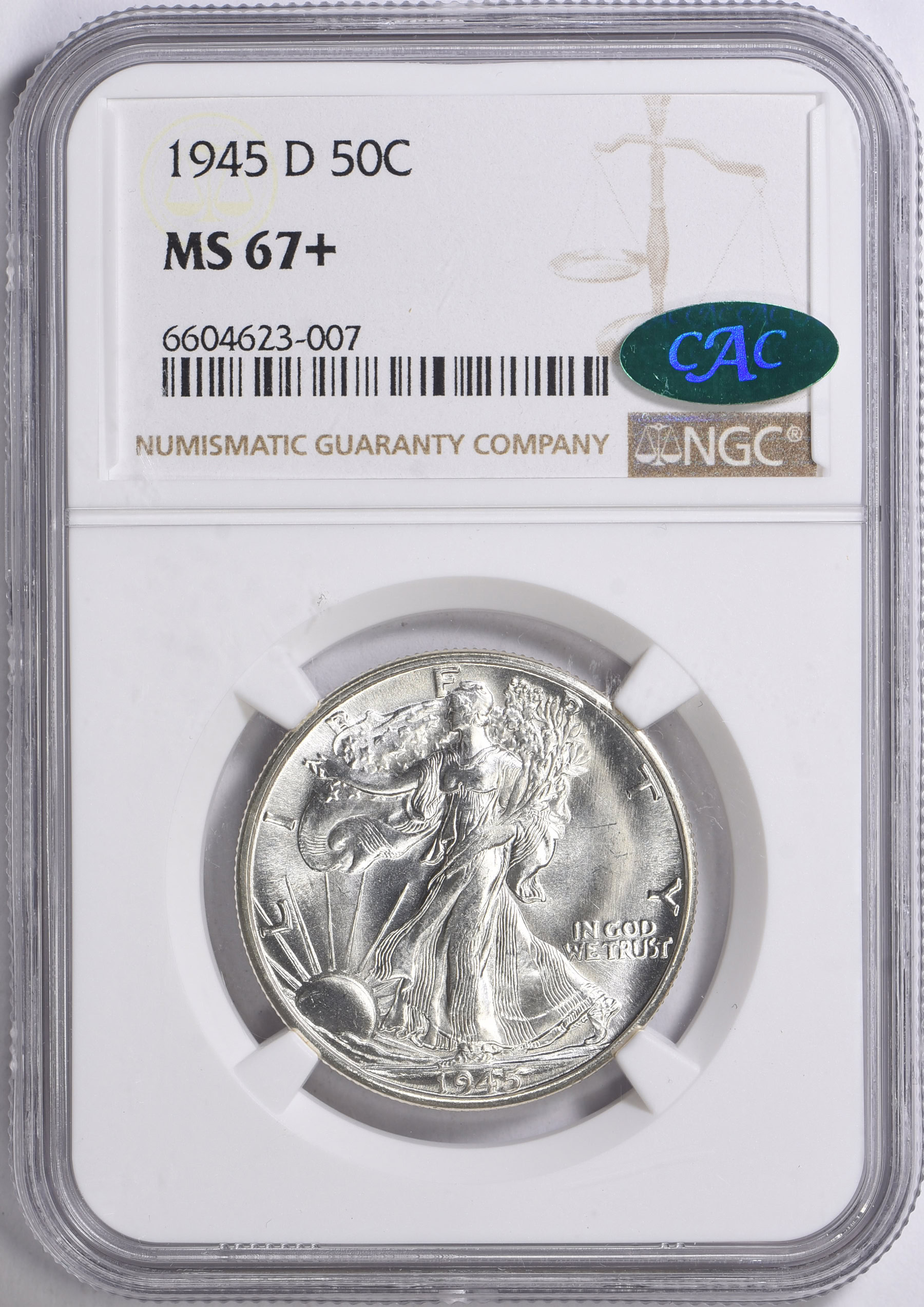 1945-D Walking Liberty Half Dollar NGC MS-67+ (CAC Green) (Item 1280331) | GreatCollections Coin ...