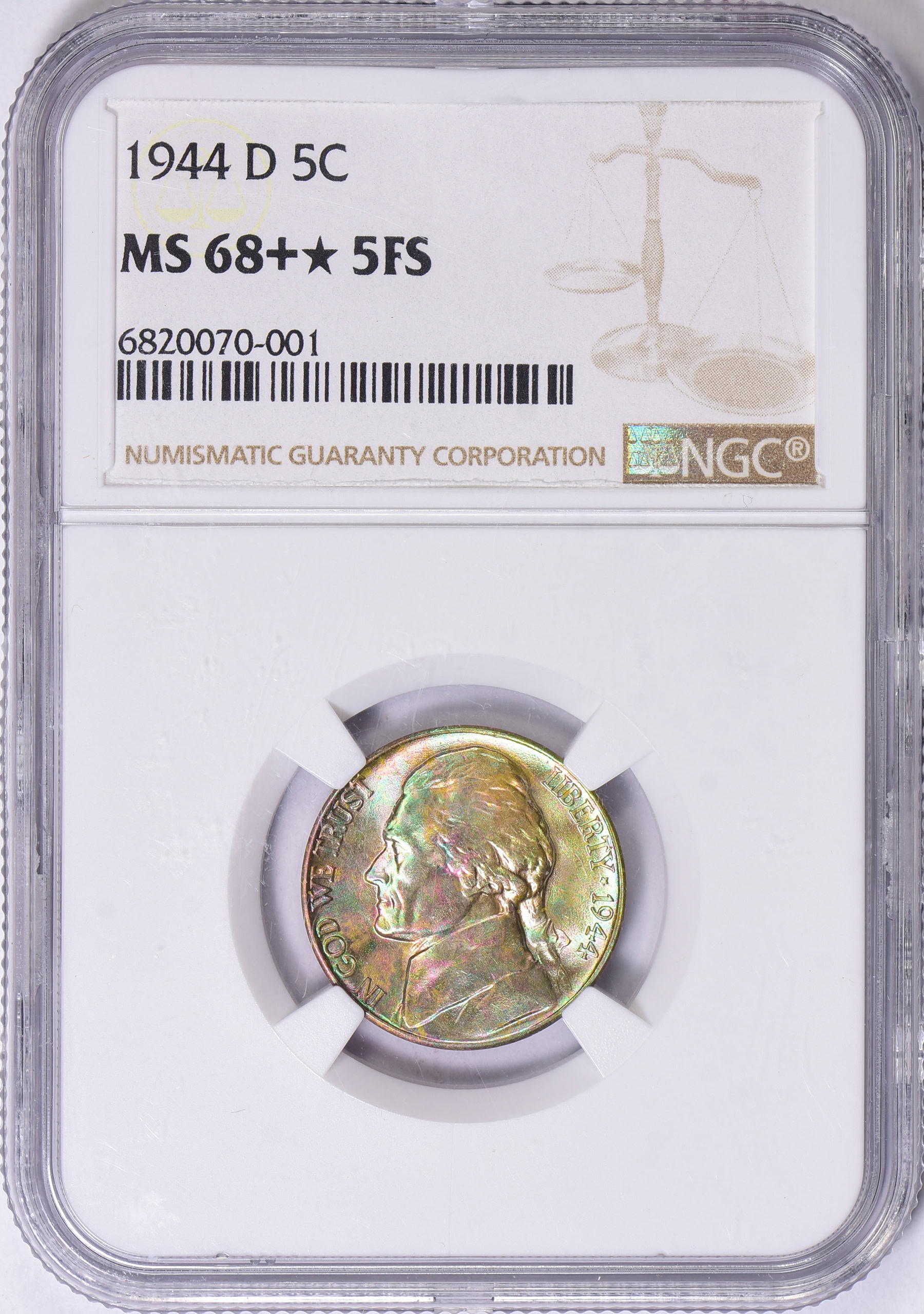 1944-D Jefferson Nickel NGC MS-68+★ 5FS (Toned) (Item 1280371) | GreatCollections Coin Auctions