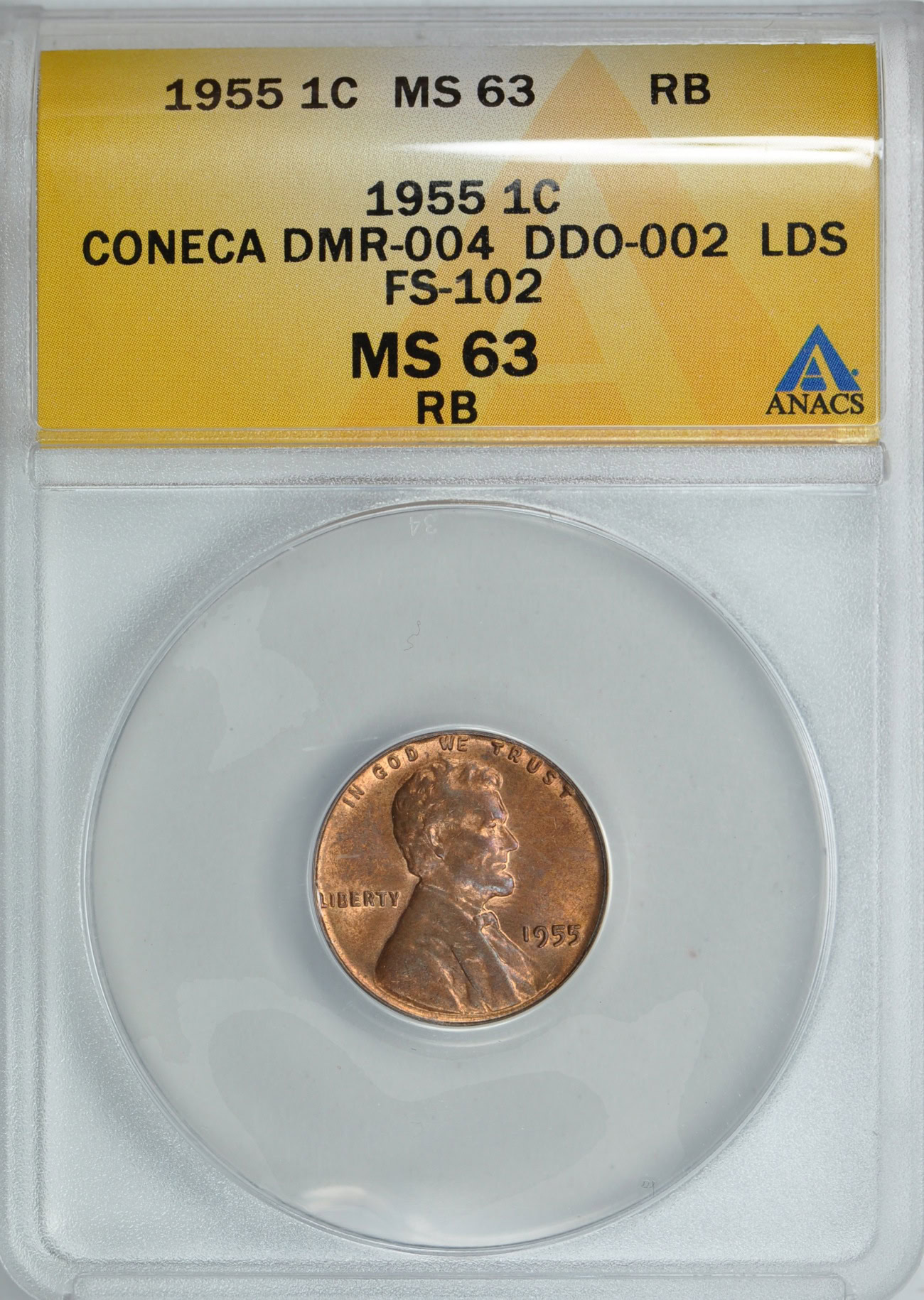 1955 Lincoln Cent Doubled Die Obverse-002 CONECA DMR-004 LDS FS-102 ANACS MS-63 RB (Item 128420 ...