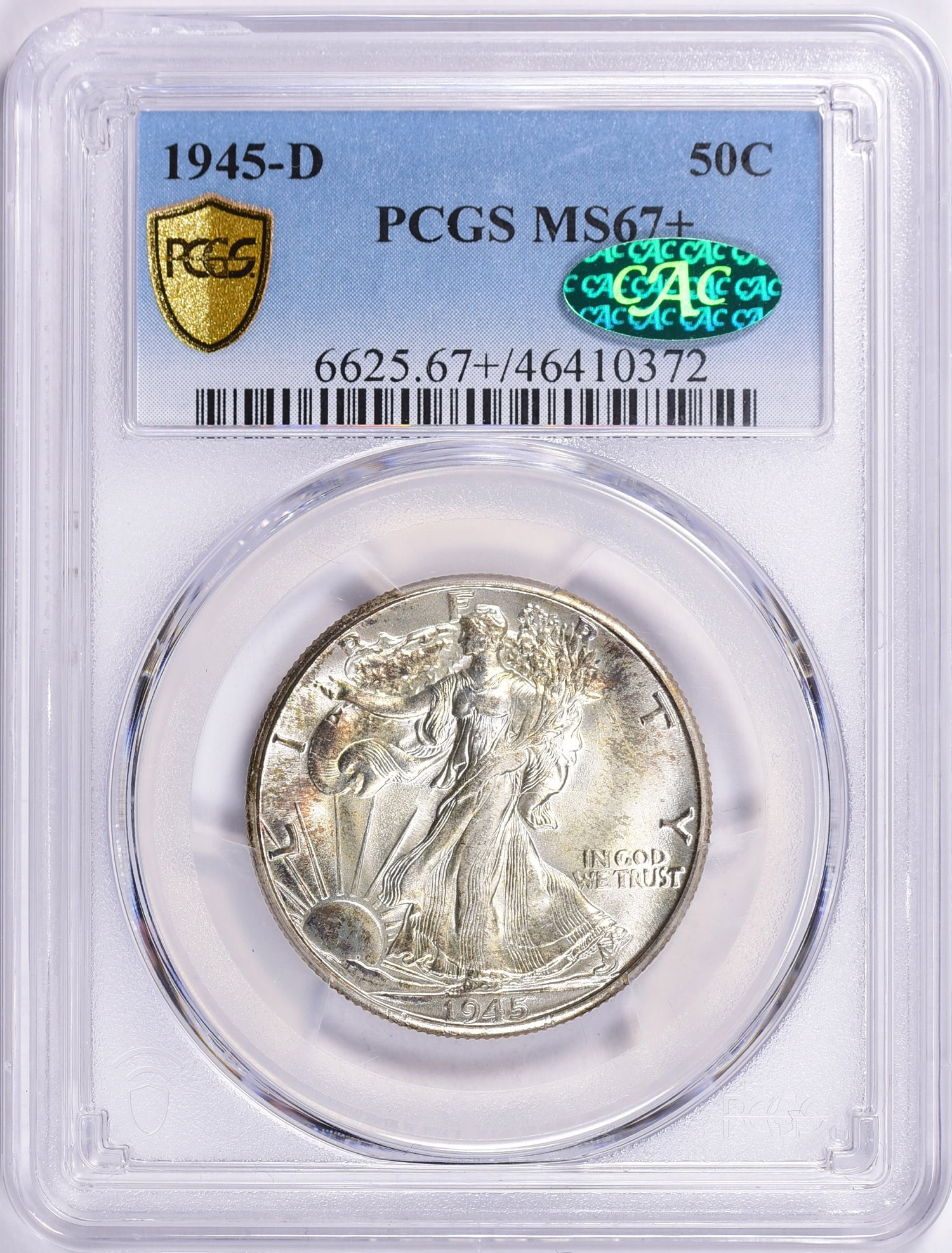 1945-D Walking Liberty Half Dollar PCGS MS-67+ (CAC Green) (Toned) (Item 1284351 ...