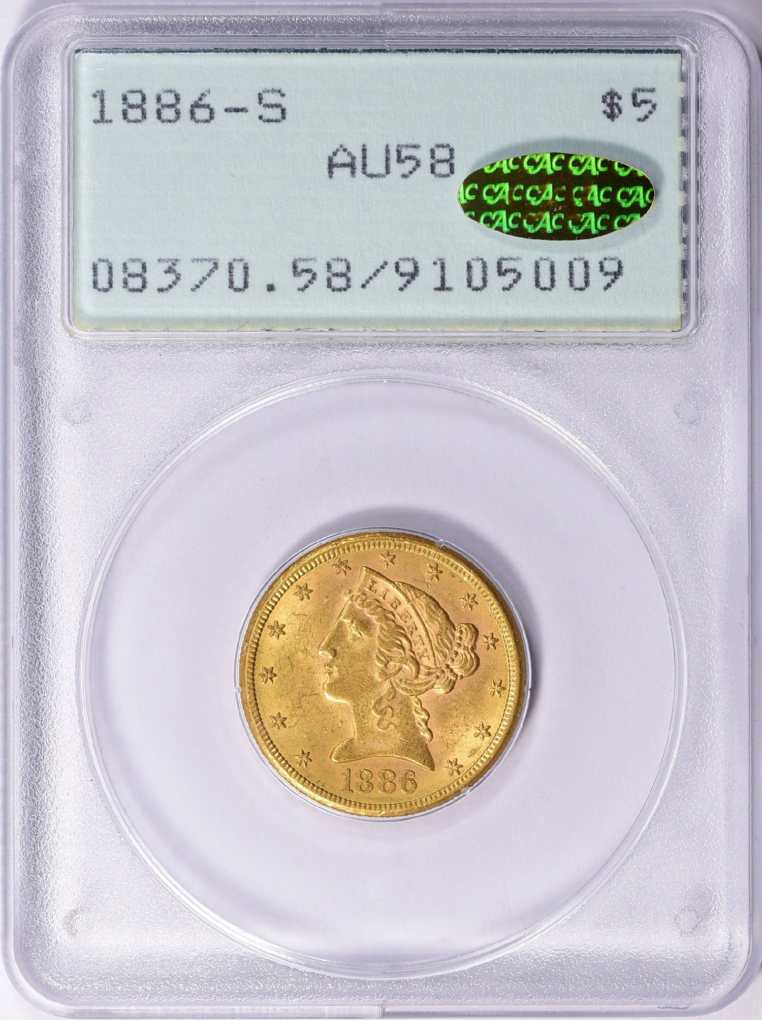 1886-S Liberty Gold Half Eagle PCGS AU-58 (CAC Gold) OGH (1st Gen) (Item 1284816 ...