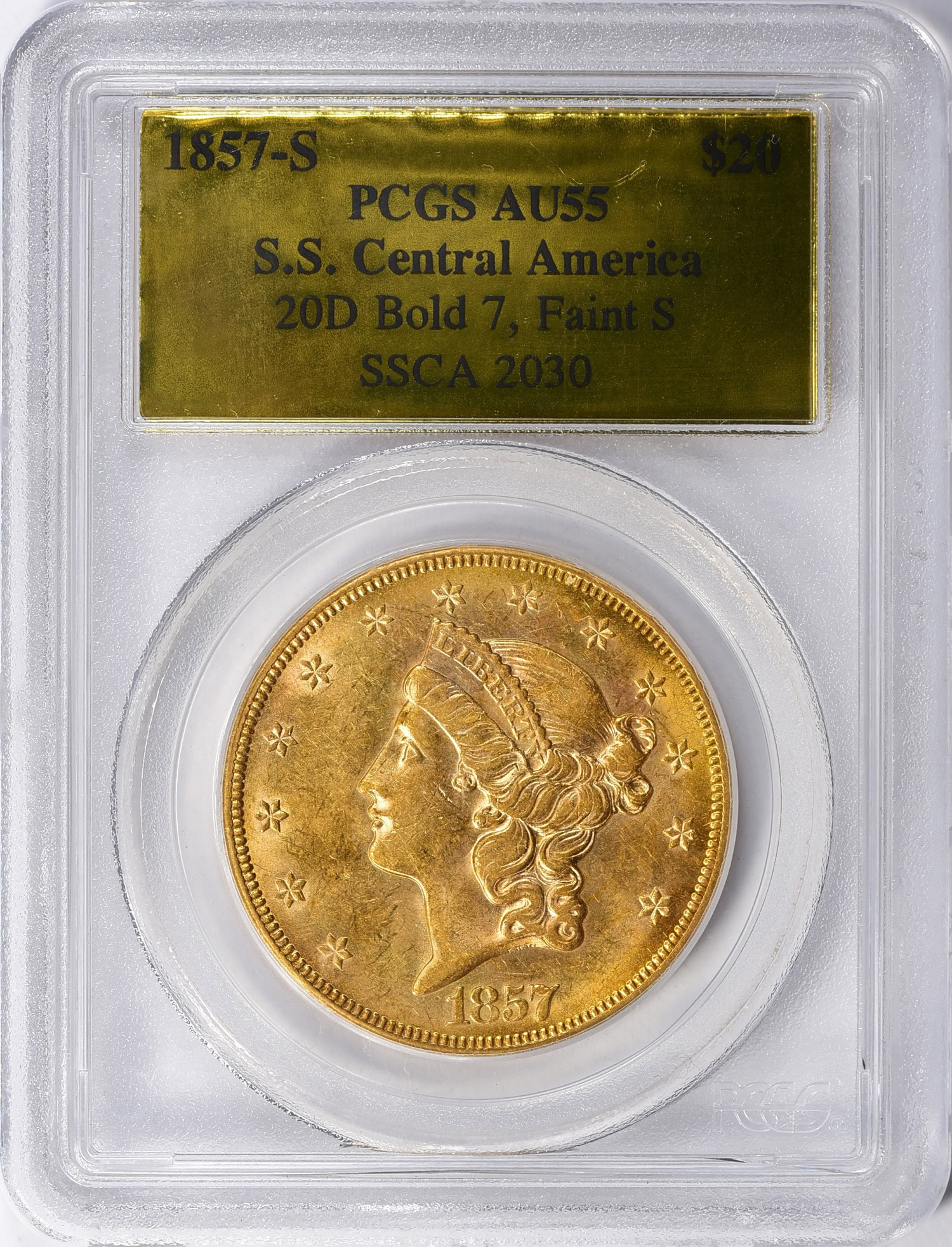 1857-S Liberty Gold Double Eagle Shipwreck S.S. Central America 20D Bold 7, Faint S PCGS AU-55 ...