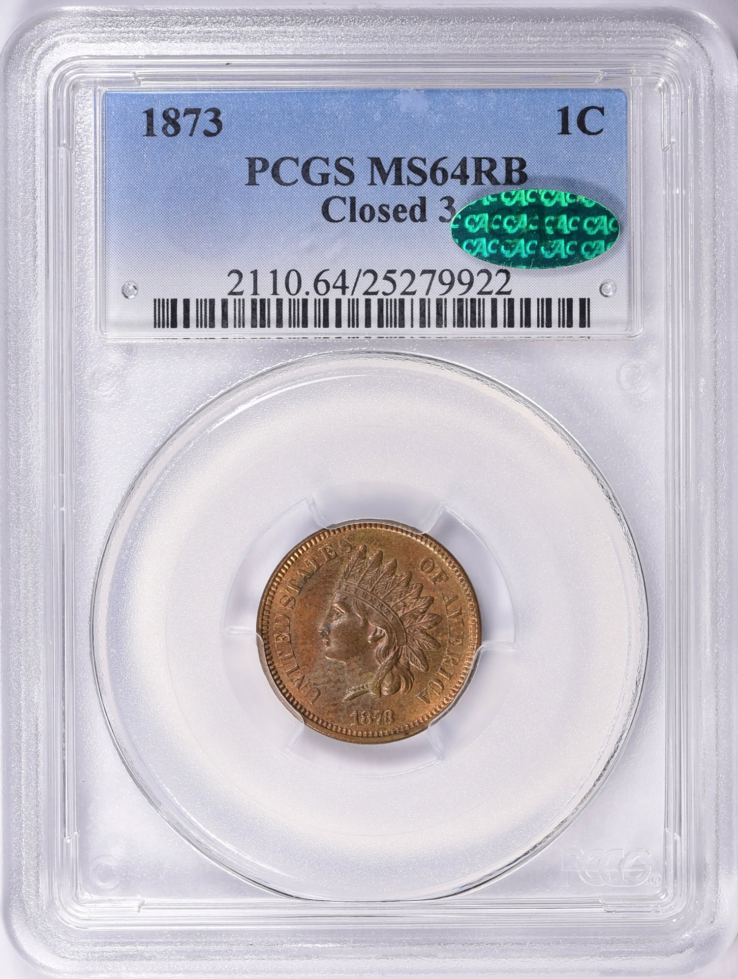 1873 Indian Cent Closed 3 PCGS MS-64 RB (CAC Green) (Item 1295617) | GreatCollections Coin Auctions