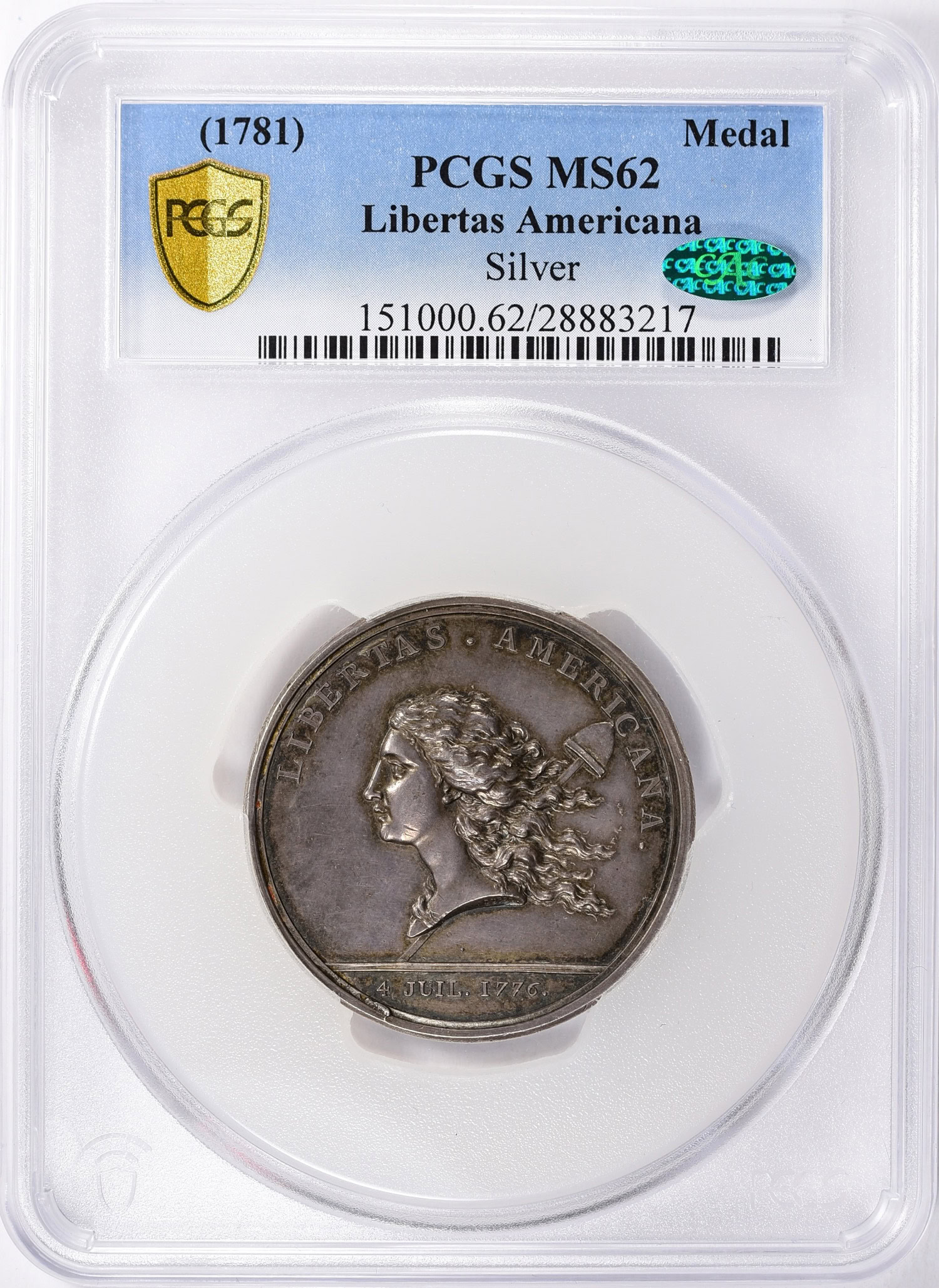 (1781) Libertas Americana Silver Medal PCGS MS-62 (CAC Green) | PCGS ...