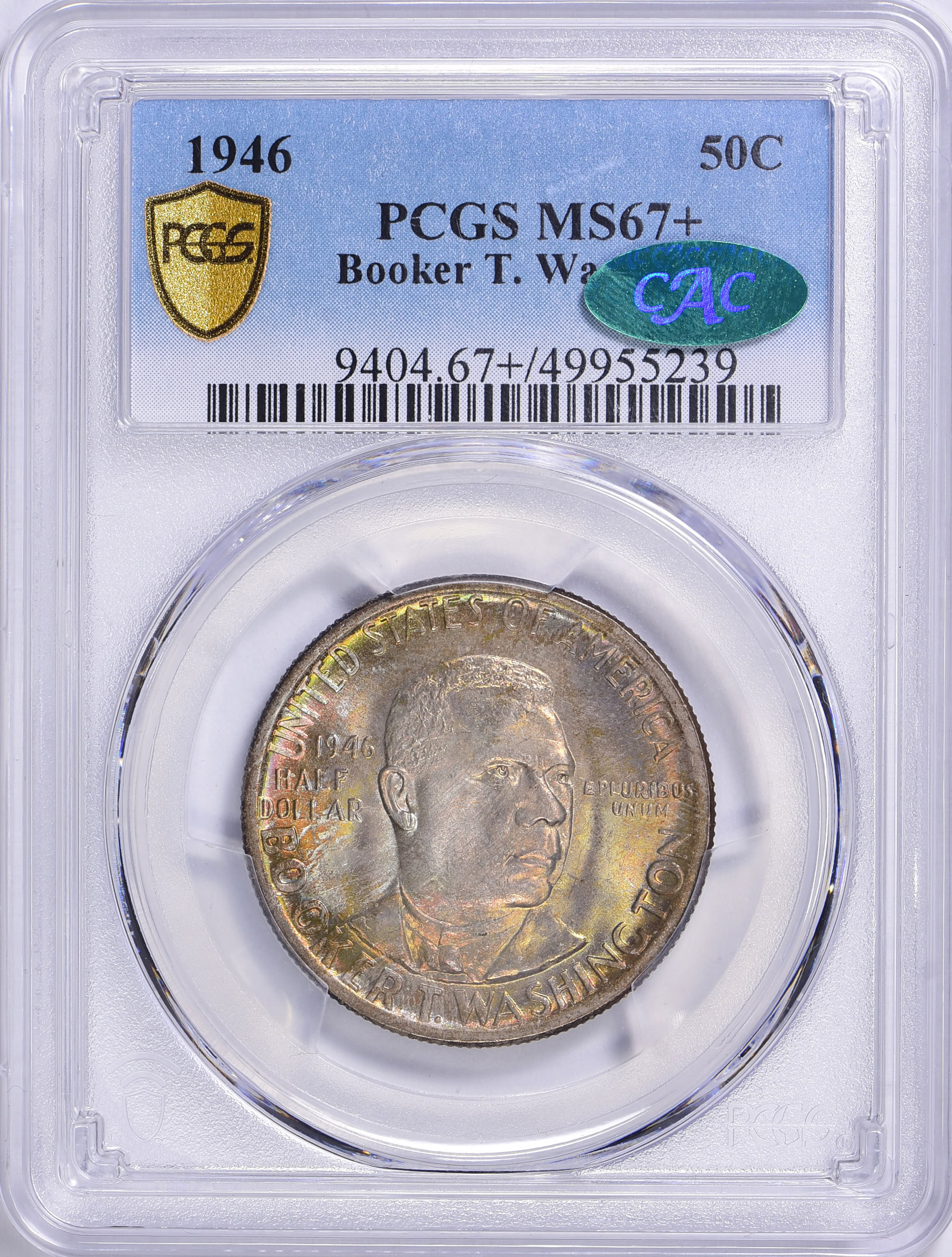 1946 Booker T. Washington Memorial Half Dollar PCGS MS-67+ (CAC Green) (Toned) (Item 1300797 ...