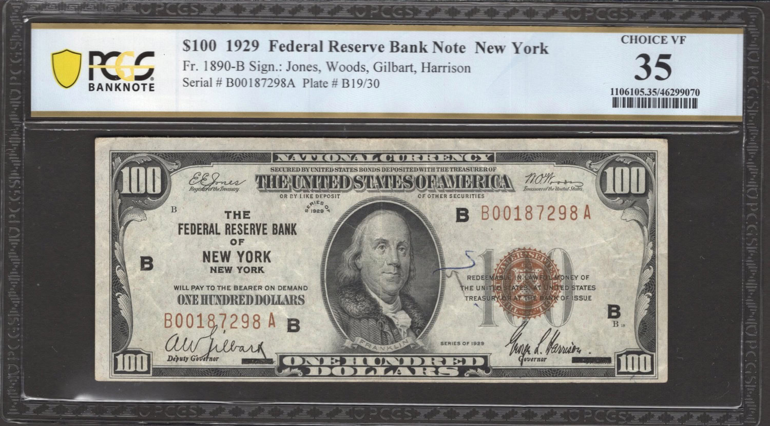 Fr. 1890-B (BA Block) 1929 $100 New York Federal Reserve Bank Note ...