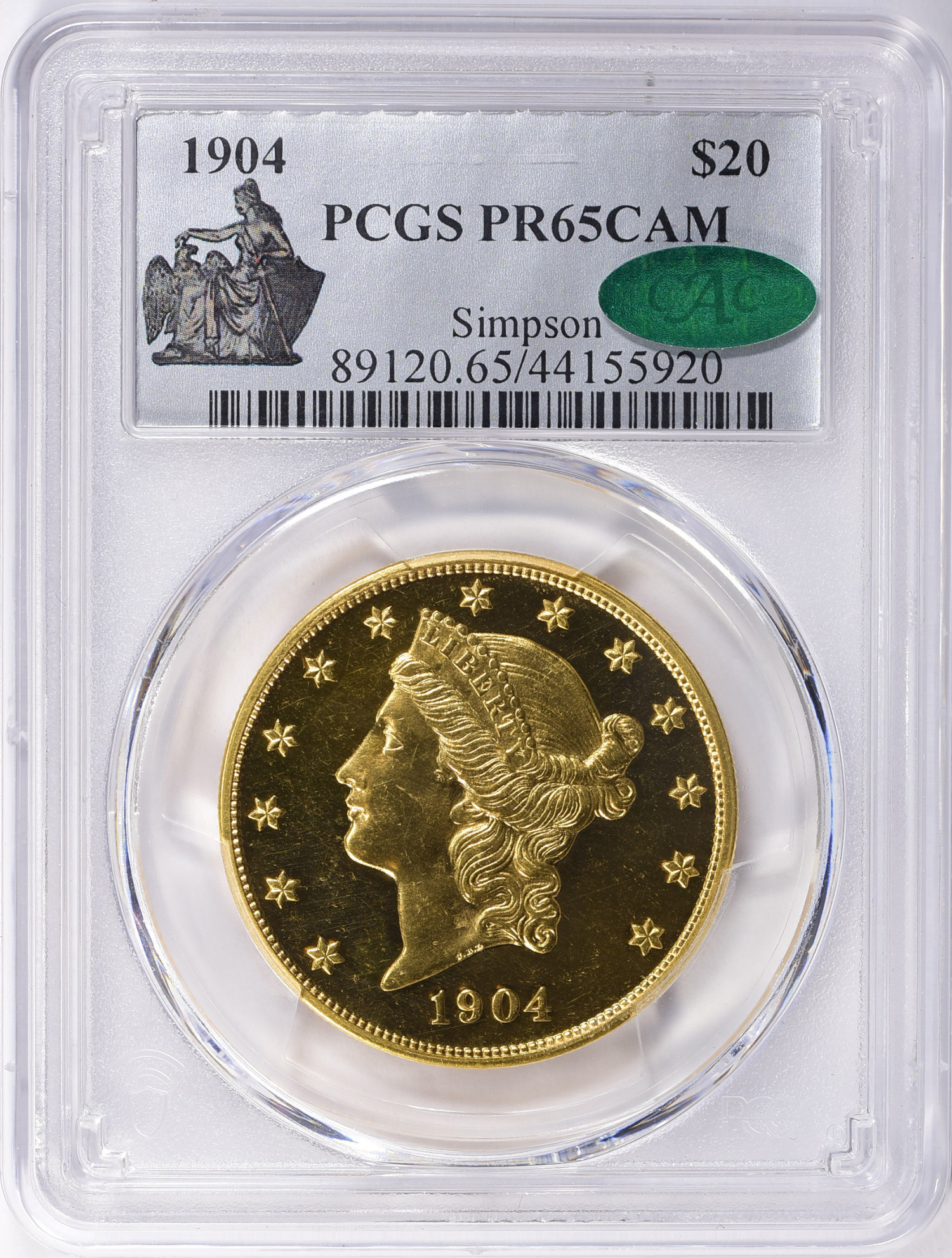 1904 Liberty Gold Double Eagle PCGS Proof-65 CAMEO (CAC Green) (Simpson ...