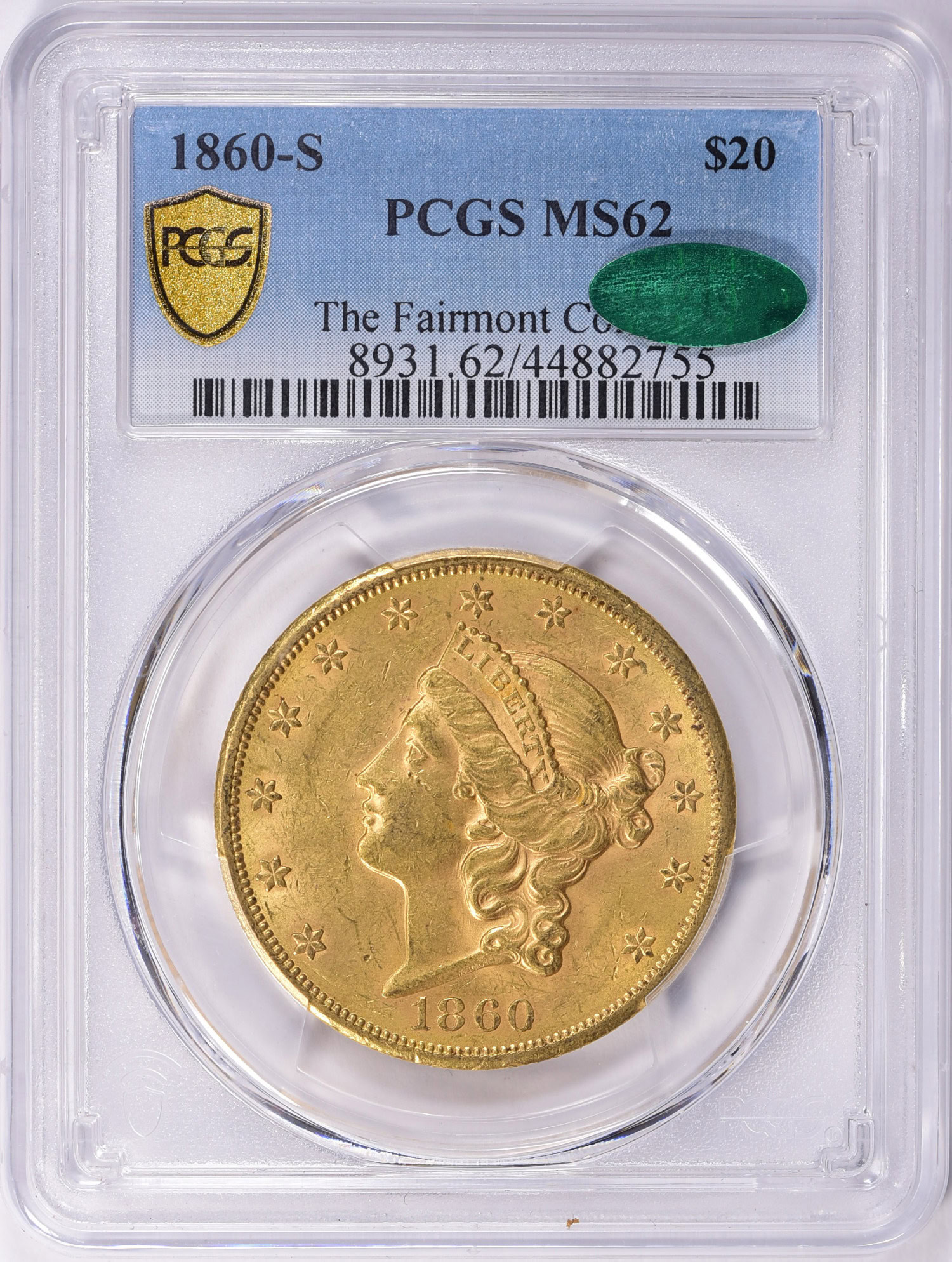 1860-S Liberty Gold Double Eagle PCGS MS-62 (CAC Green) (The Fairmont ...