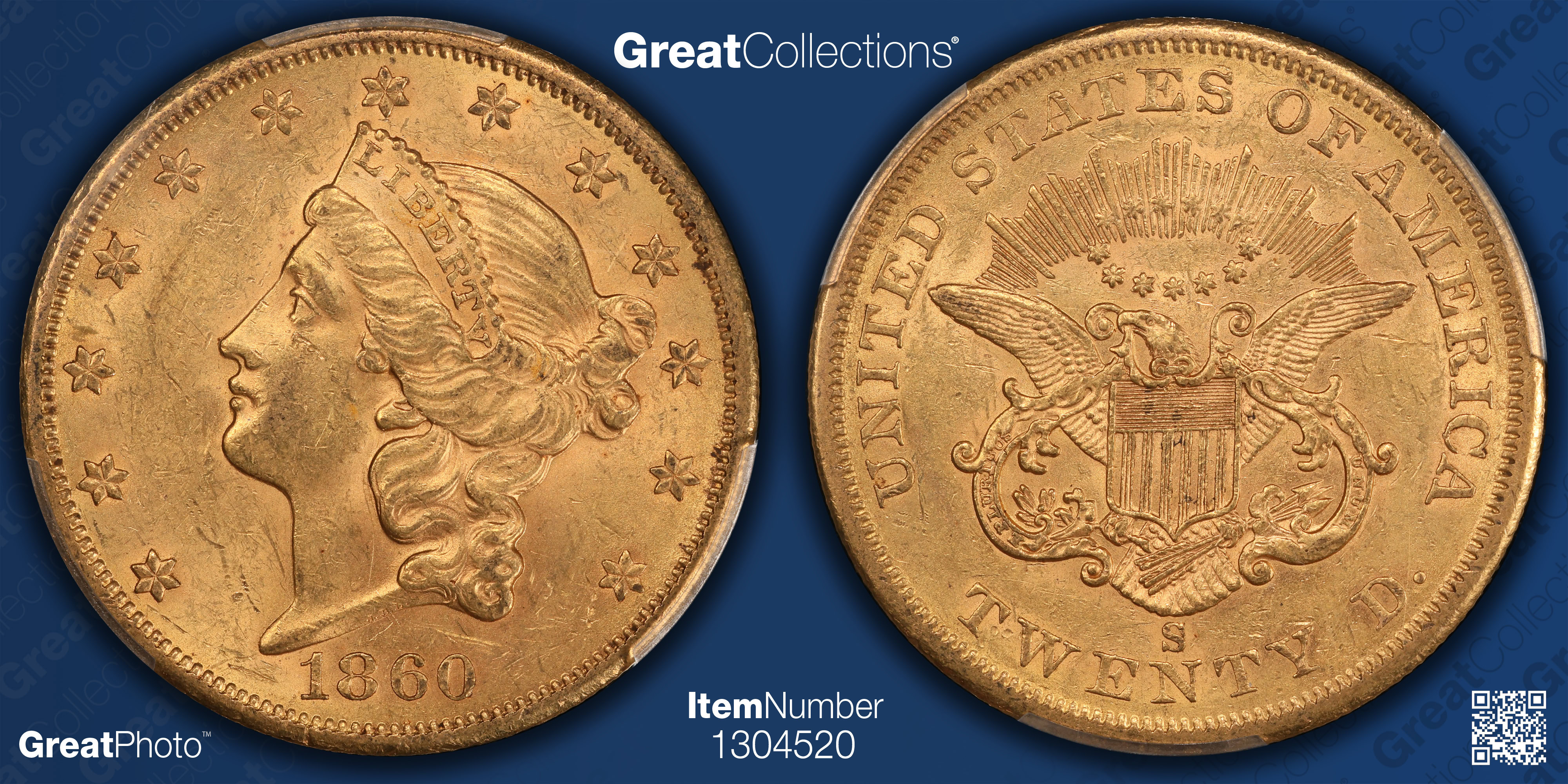 1860-S Liberty Gold Double Eagle PCGS MS-62 (CAC Green) (The Fairmont ...