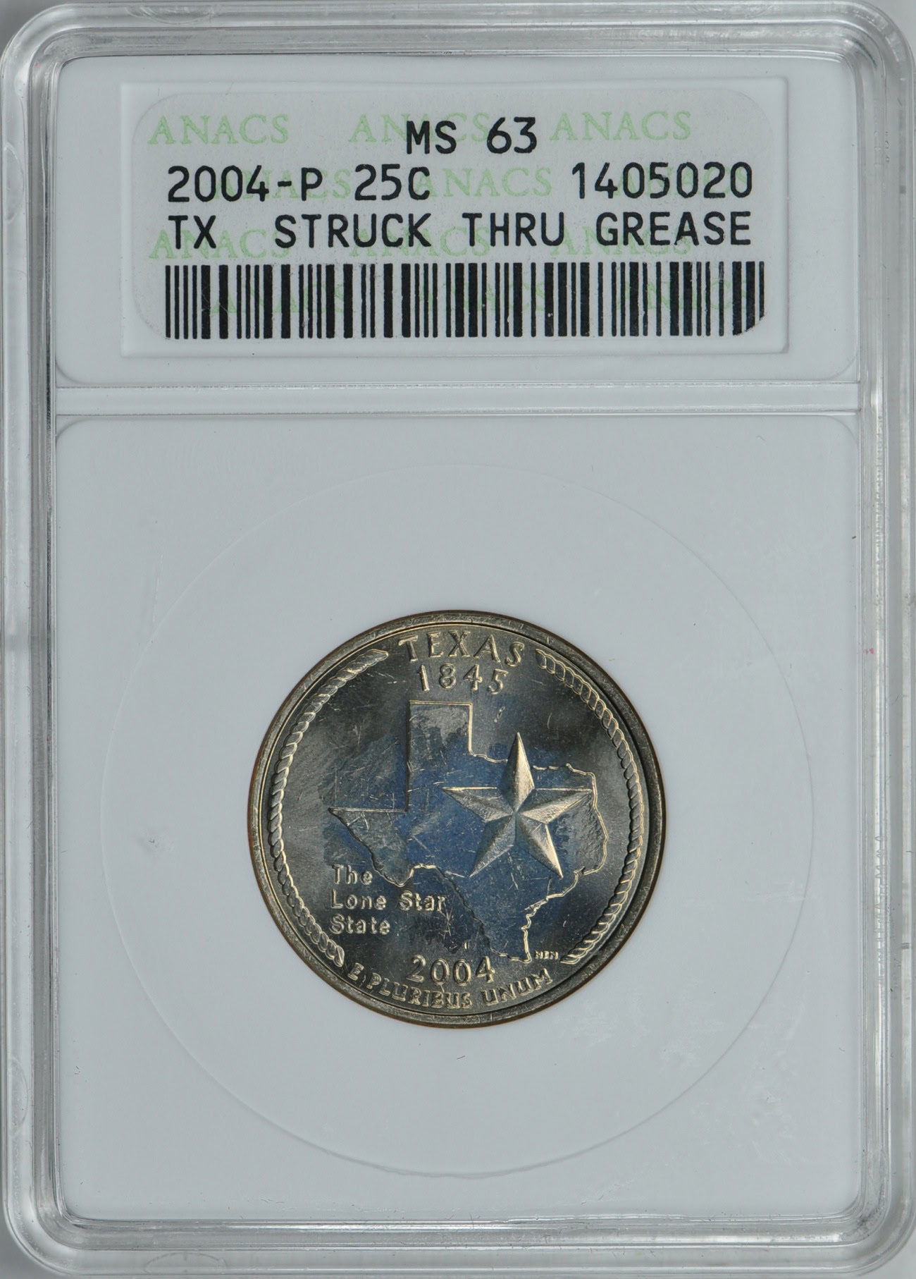 Mint Error 2004-P State Quarter Texas Struck Through Grease ANACS MS-63 ...