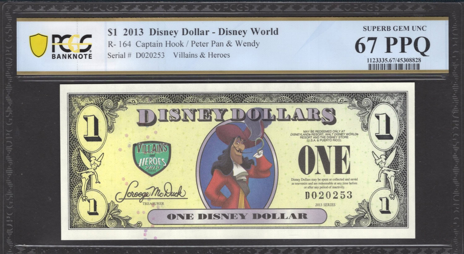 2013 $1 Disney World Disney Dollar Note Captain Hook / Peter Pan ...