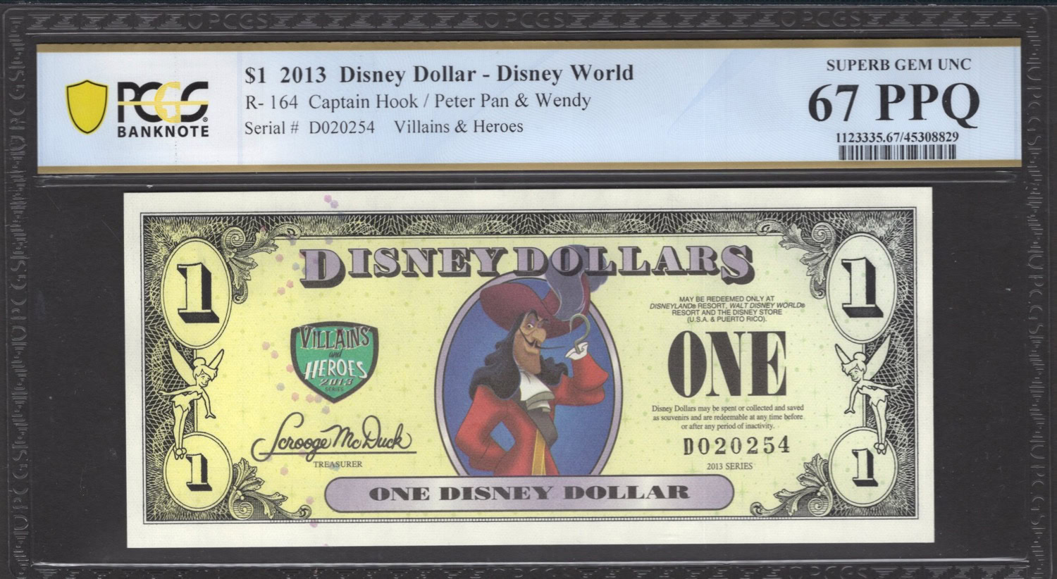 2013 $1 Disney World Disney Dollar Note Captain Hook / Peter Pan ...