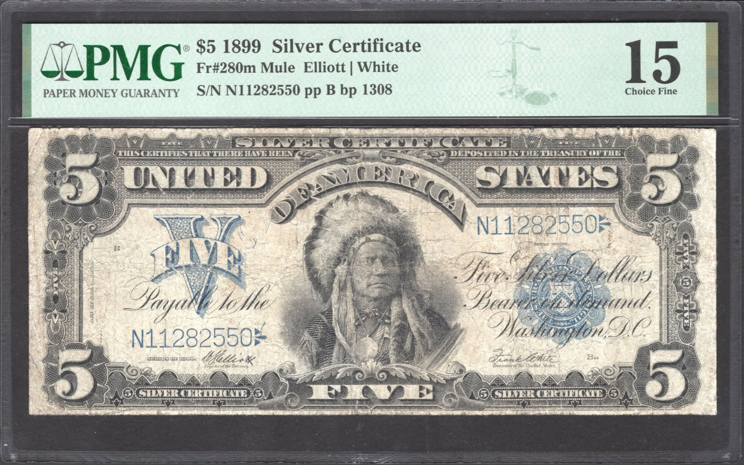 Fr. 280m 1899 $5 Silver Certificate Mule Note Elliott / White PMG ...