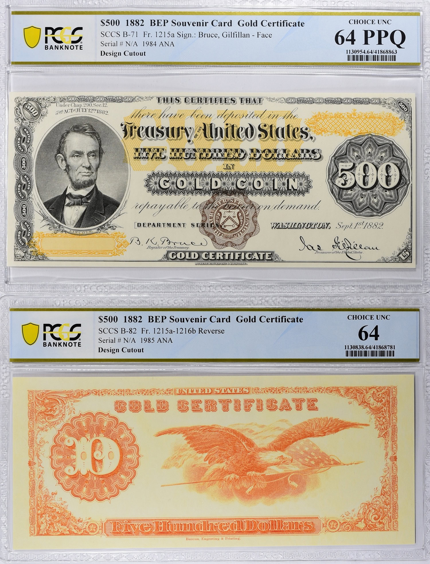 Fr. 1215a/b 1882 $500 Gold Certificate Note Face and Back BEP Souvenir ...