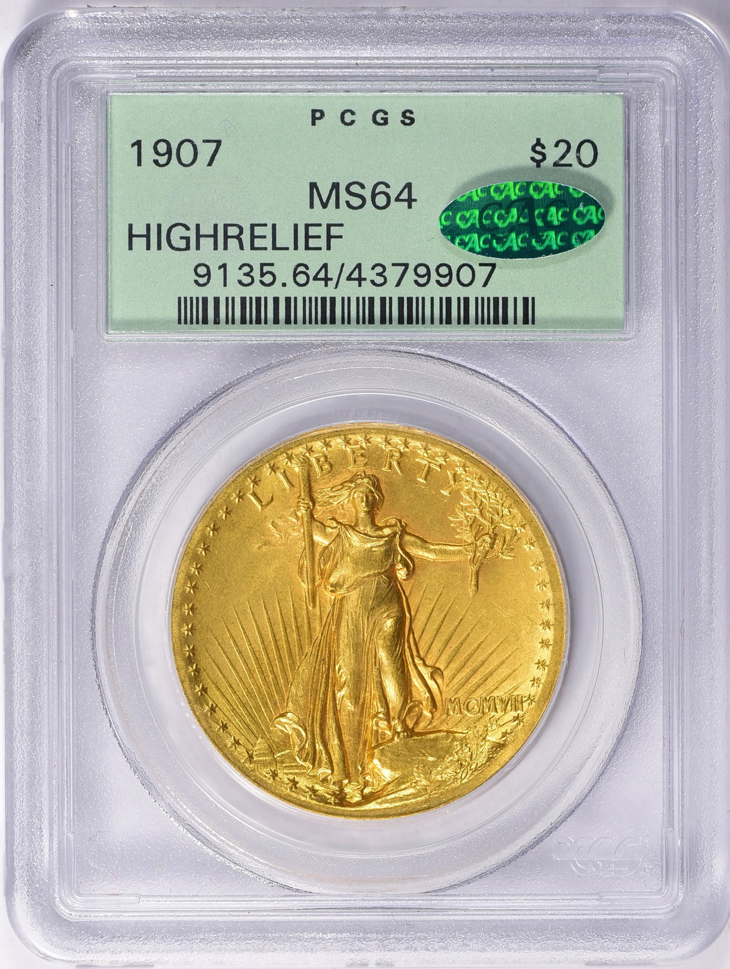 1907 Saint-Gaudens Gold Double Eagle MCMVII. High Relief, Wire Edge PCGS MS-64 (CAC Green) OGH ...