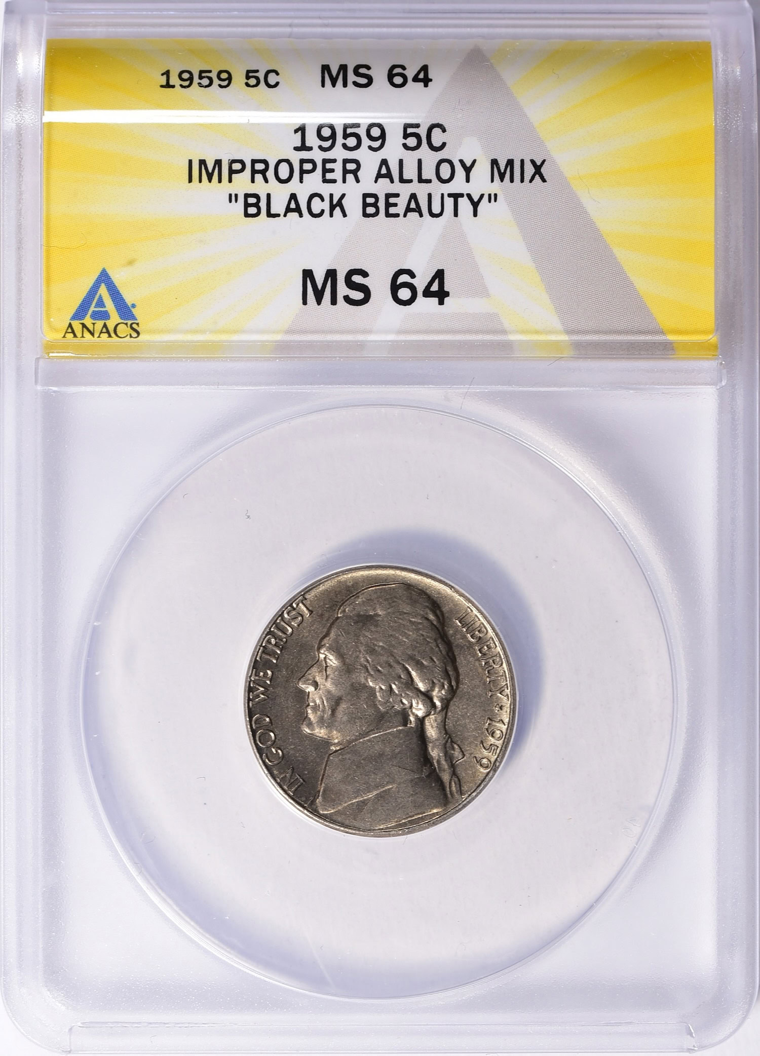 1959 Jefferson Nickel Improper Alloy Mix Black Beauty ANACS MS-64 (Item ...