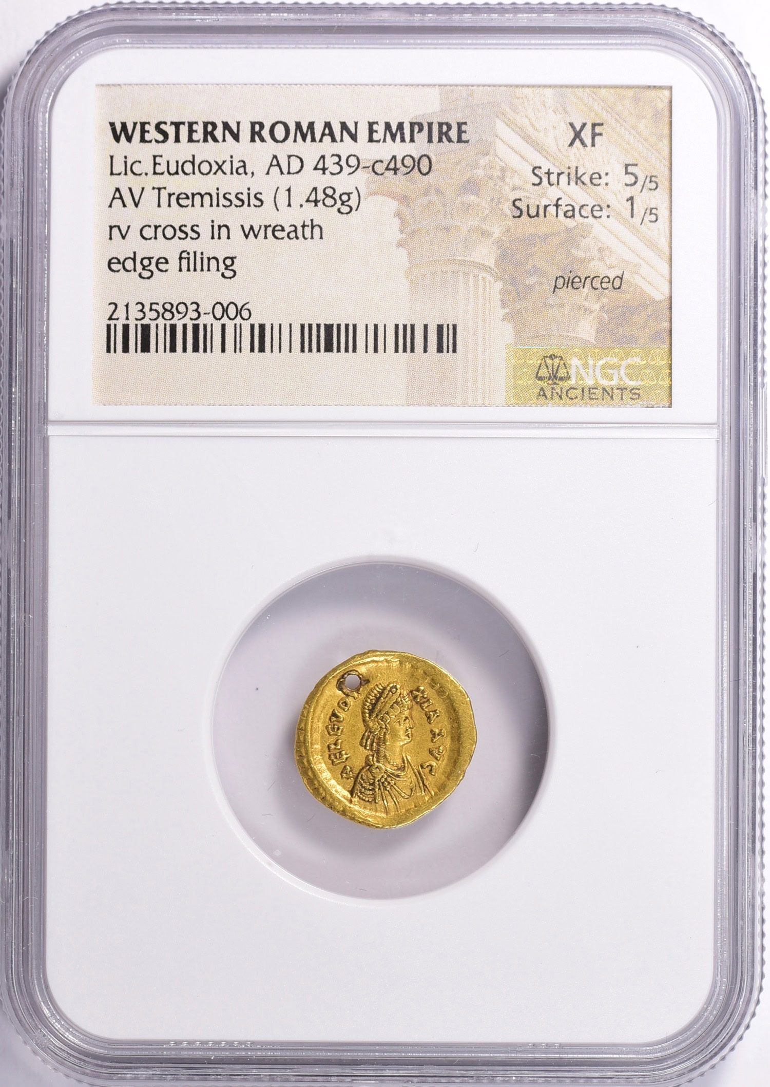 Ancient Roman Empire, Licinia Eudoxia Augusta (A.D. 439-490) c.A.D. 450-455 AV Tremissis (1 ...