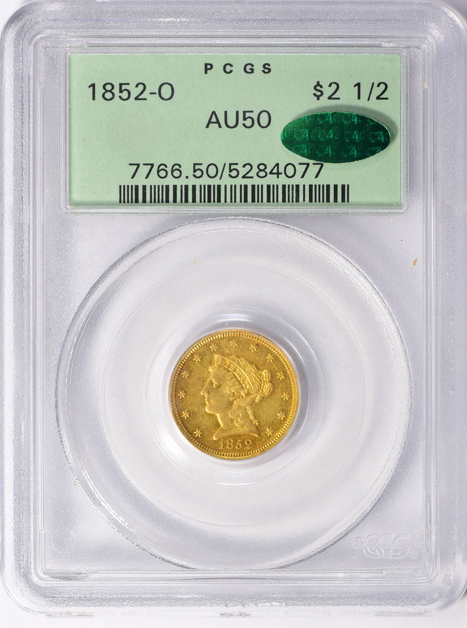 1852-O Liberty Gold Quarter Eagle PCGS AU-50 (CAC Green) OGH (Item 1314563) | GreatCollections ...