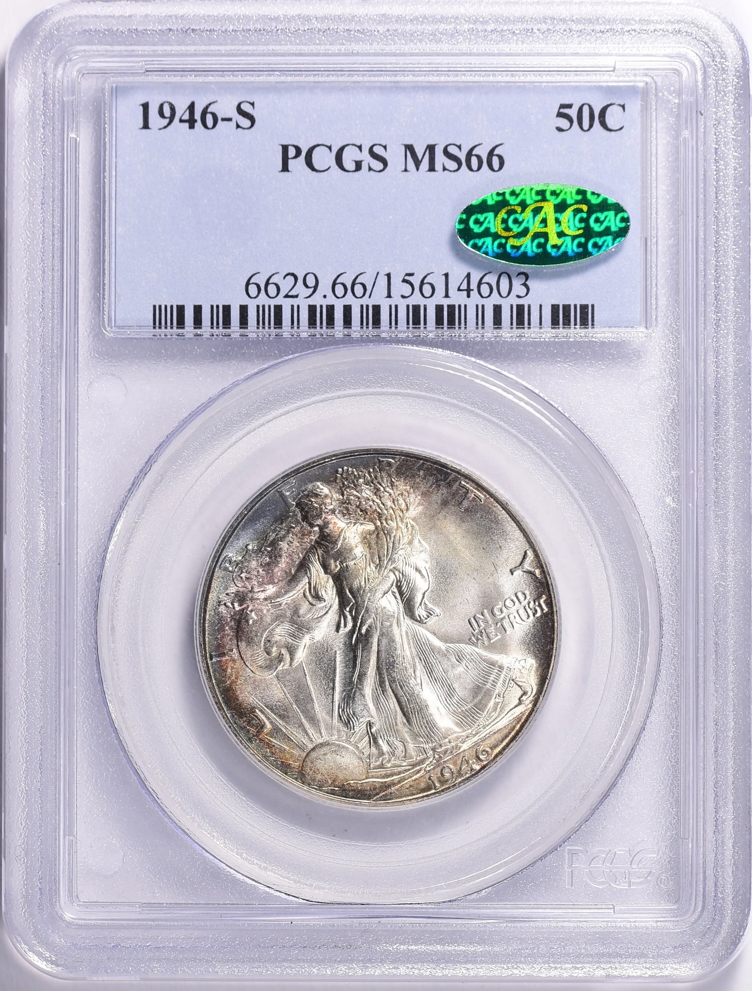 1946-S Walking Liberty Half Dollar PCGS MS-66 (CAC Green) (Toned) (Item 1317443 ...