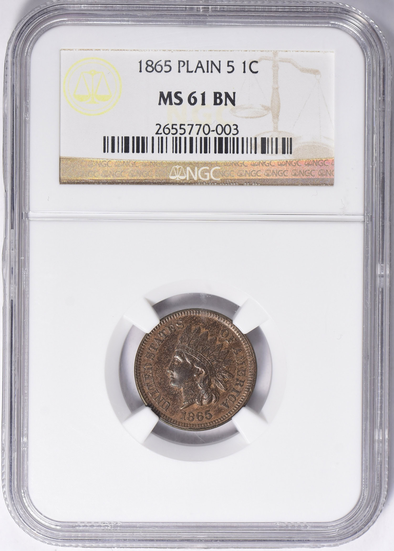 1865 Indian Cent Plain 5 NGC MS-61 BN (Toned) (Item 1323180) | GreatCollections Coin Auctions