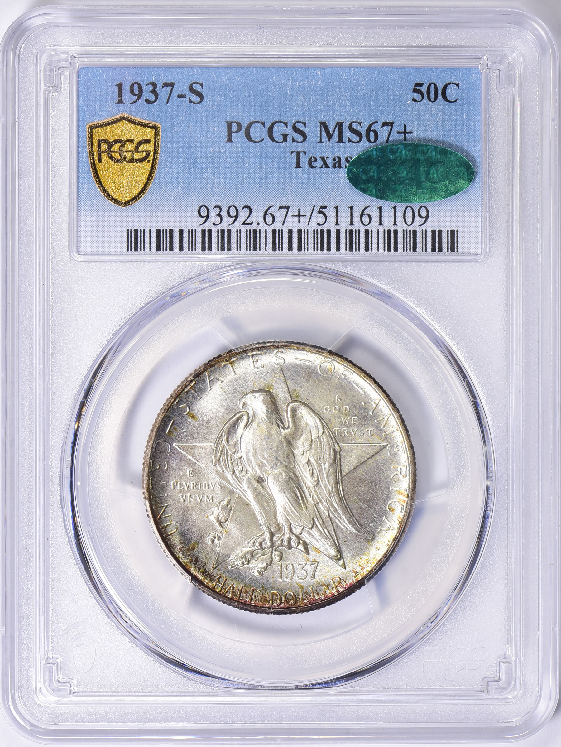 1937-S Texas Centennial Half Dollar PCGS MS-67+ (CAC Green) (Toned) (Item 1325626 ...