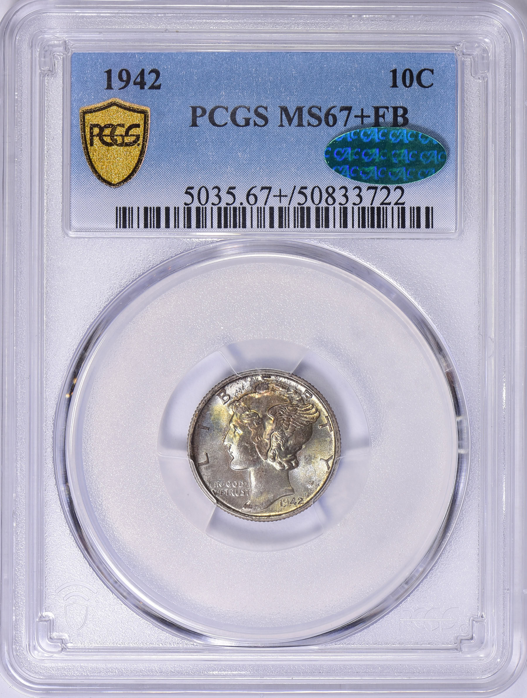 1942 Mercury Dime PCGS MS-67+ FB (CAC Green) (Toned) (Item 1325636) | GreatCollections Coin Auctions