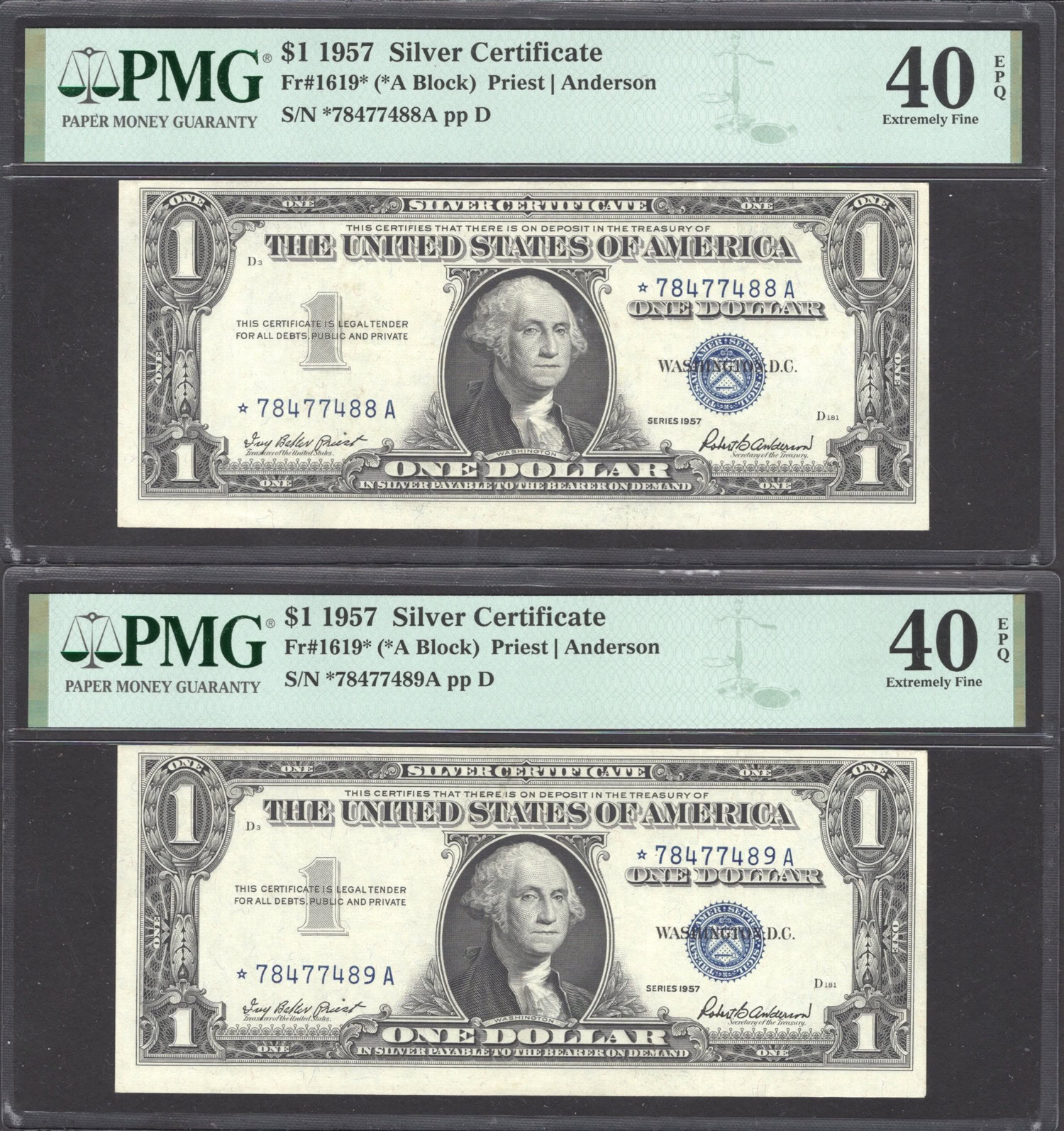 Fr. 1619★ (★A Block) 1957 $1 Silver Certificate Star Notes Sequential ...