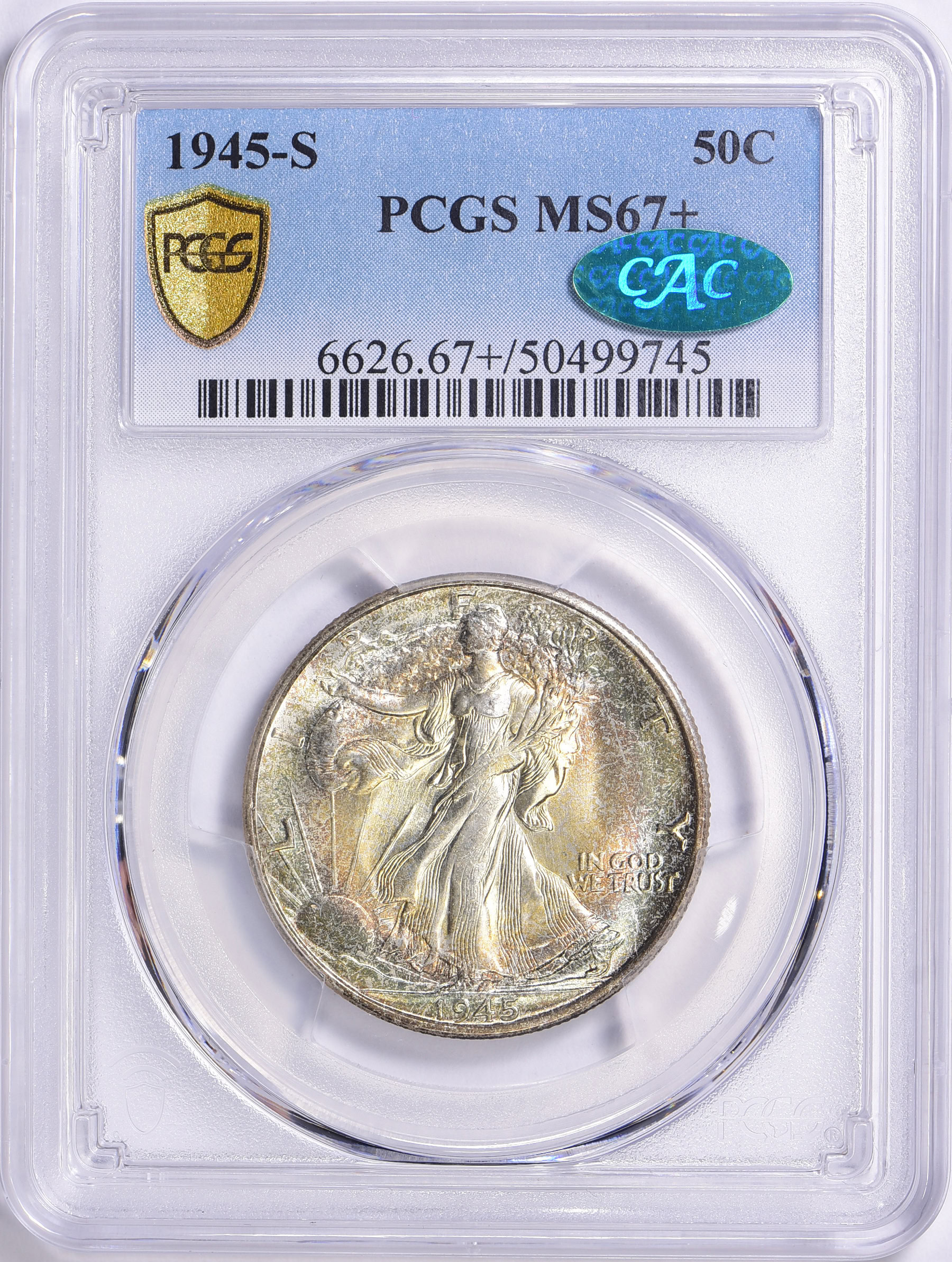 1945-S Walking Liberty Half Dollar PCGS MS-67+ (CAC Green) (Toned) (Item 1330754 ...